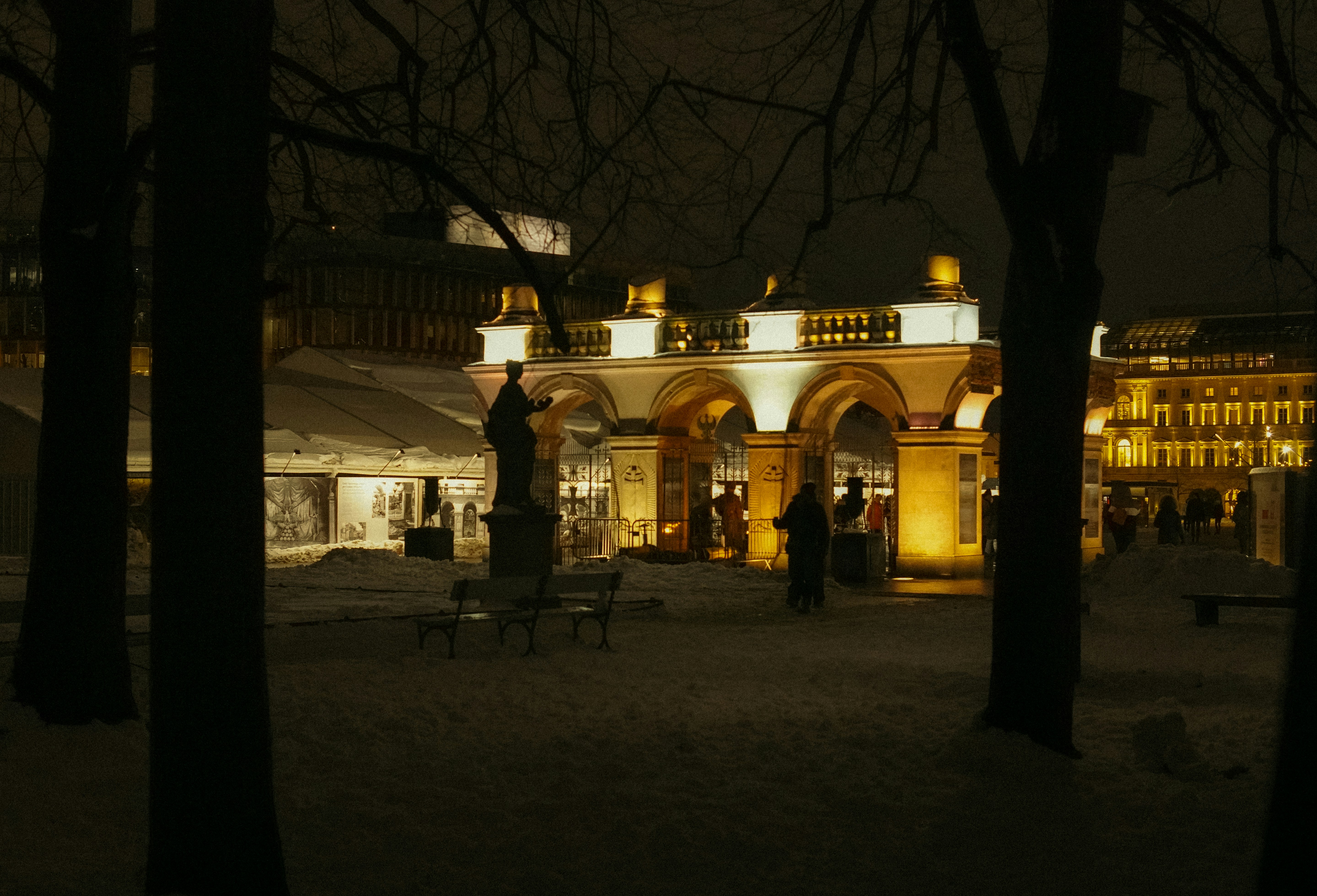 Snowy park with illuminated historic building at night photo – Free ...