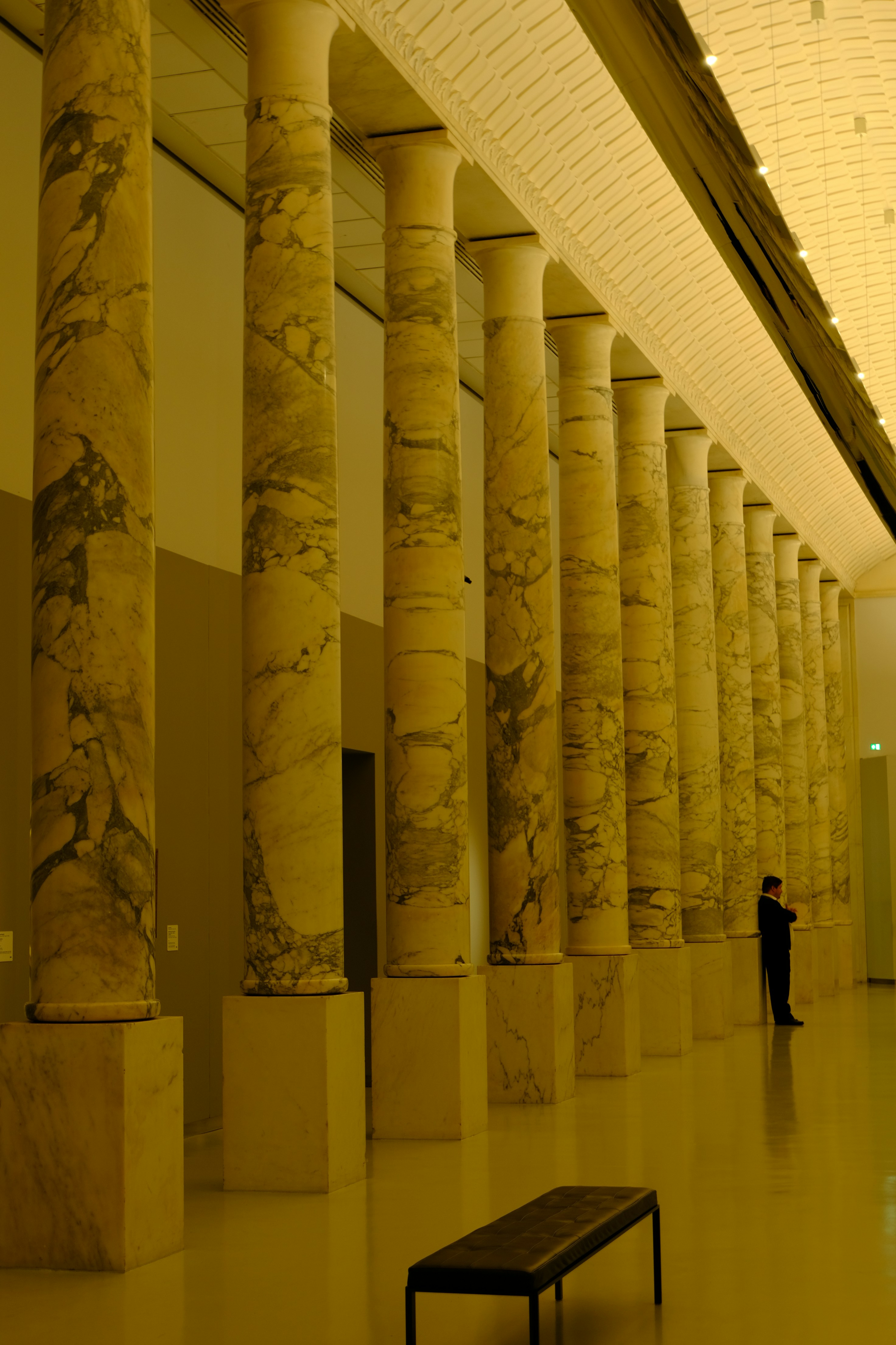Marble Colonnade and a Lone Figure in a Quiet Hall
