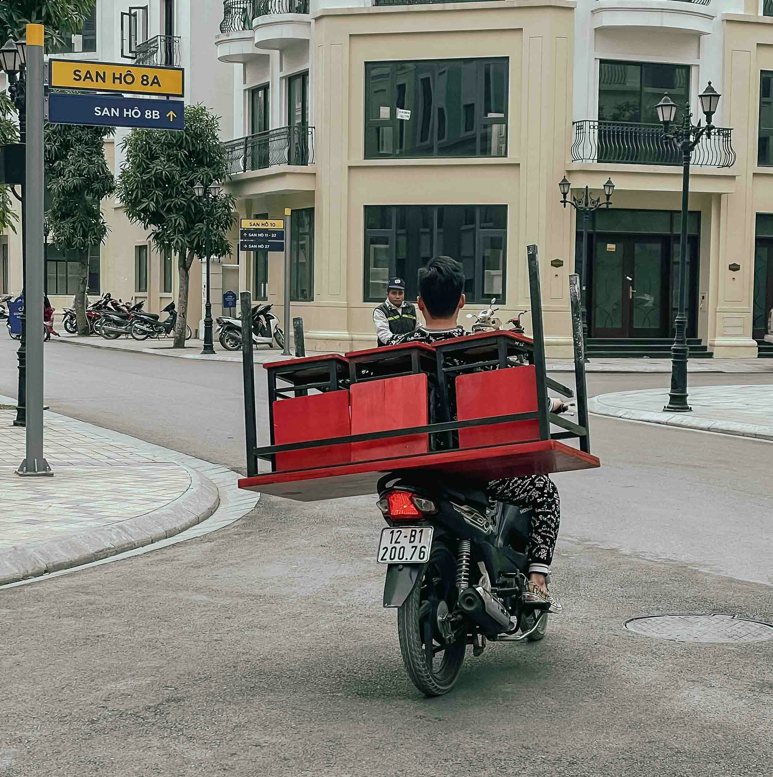 Red-Panel Courier on a Quiet City Street