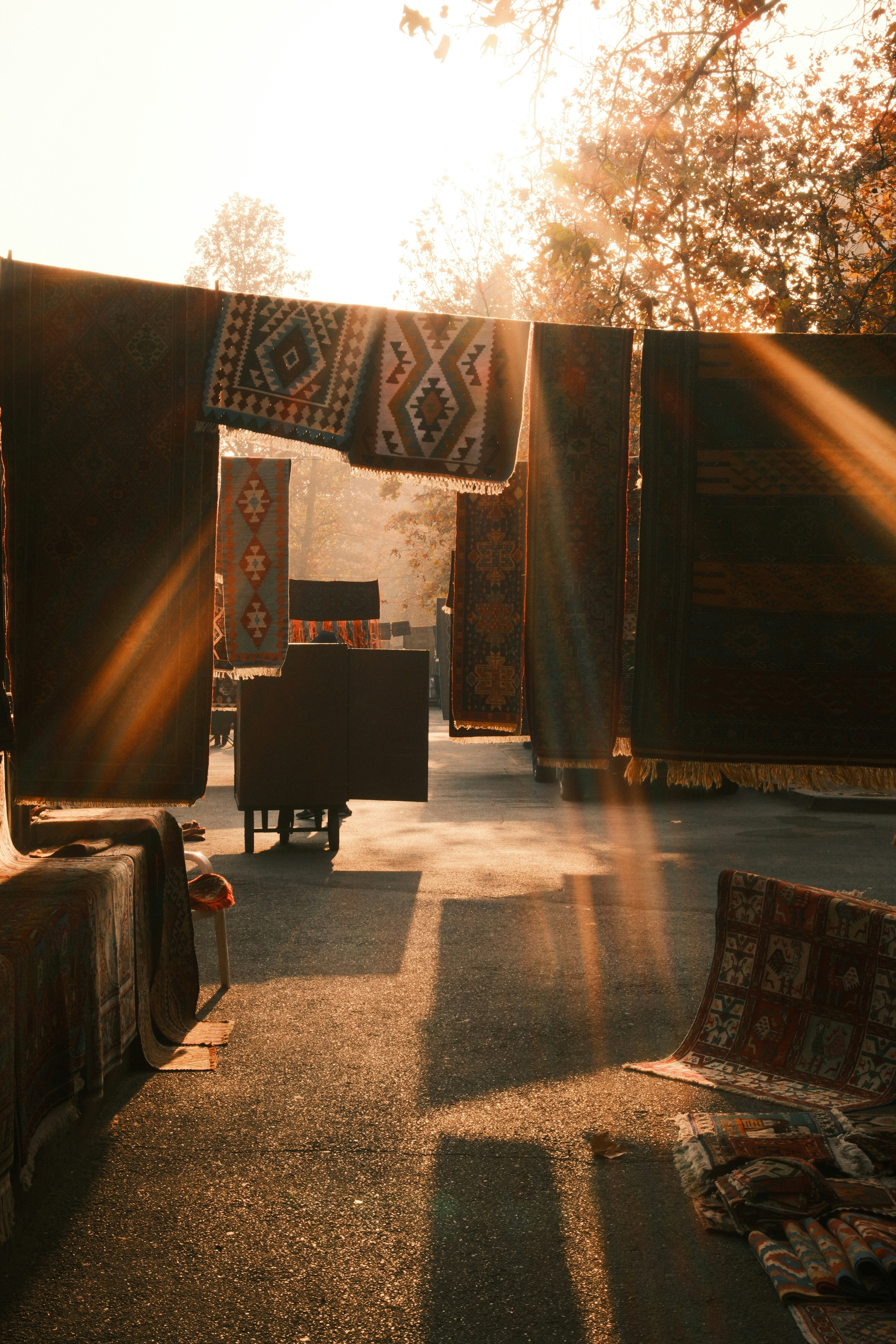 Sunlit Carpet Bazaar: Rugs Glistening in Dawn