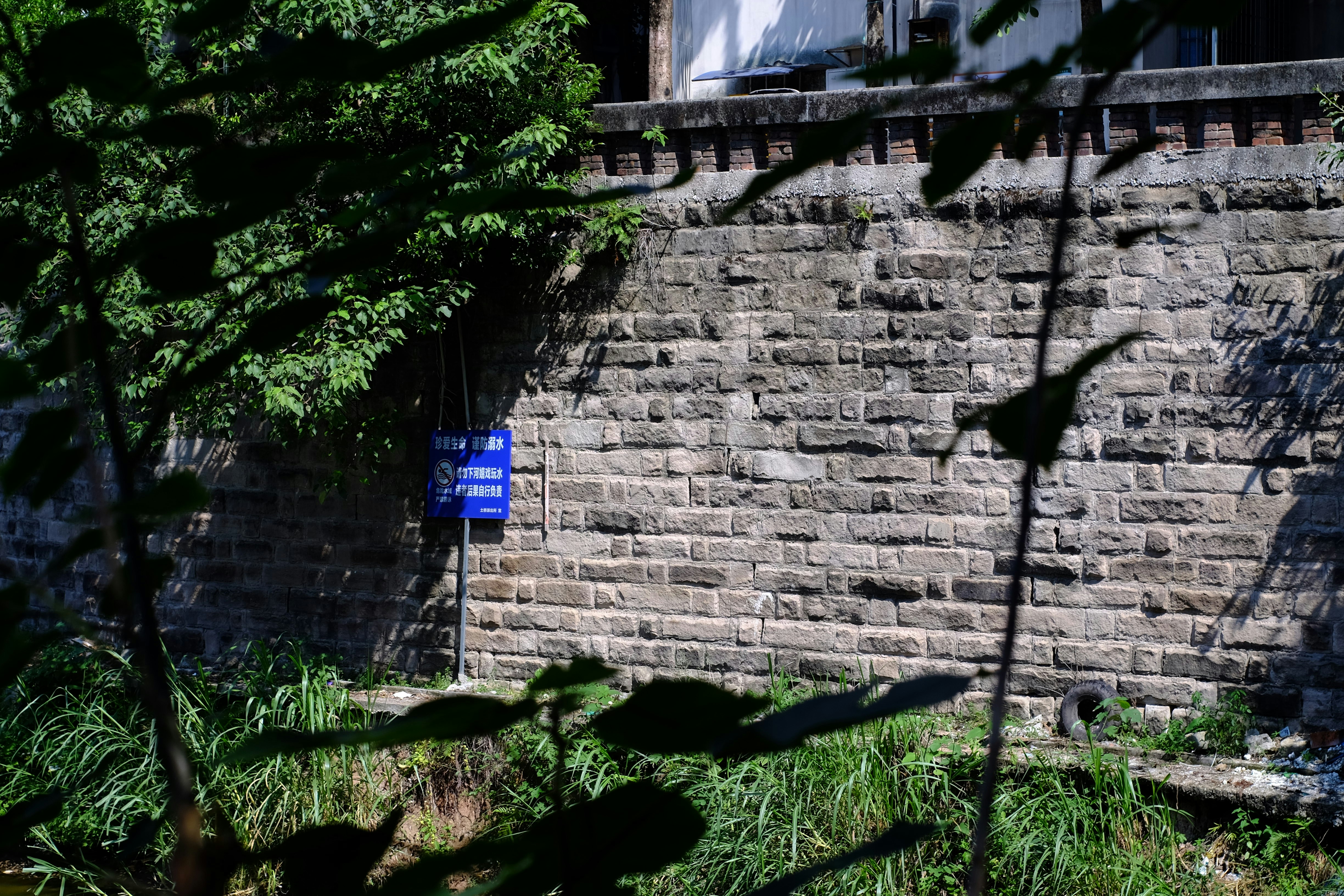 Stone Wall with Signboard Framed by Garden Foliage