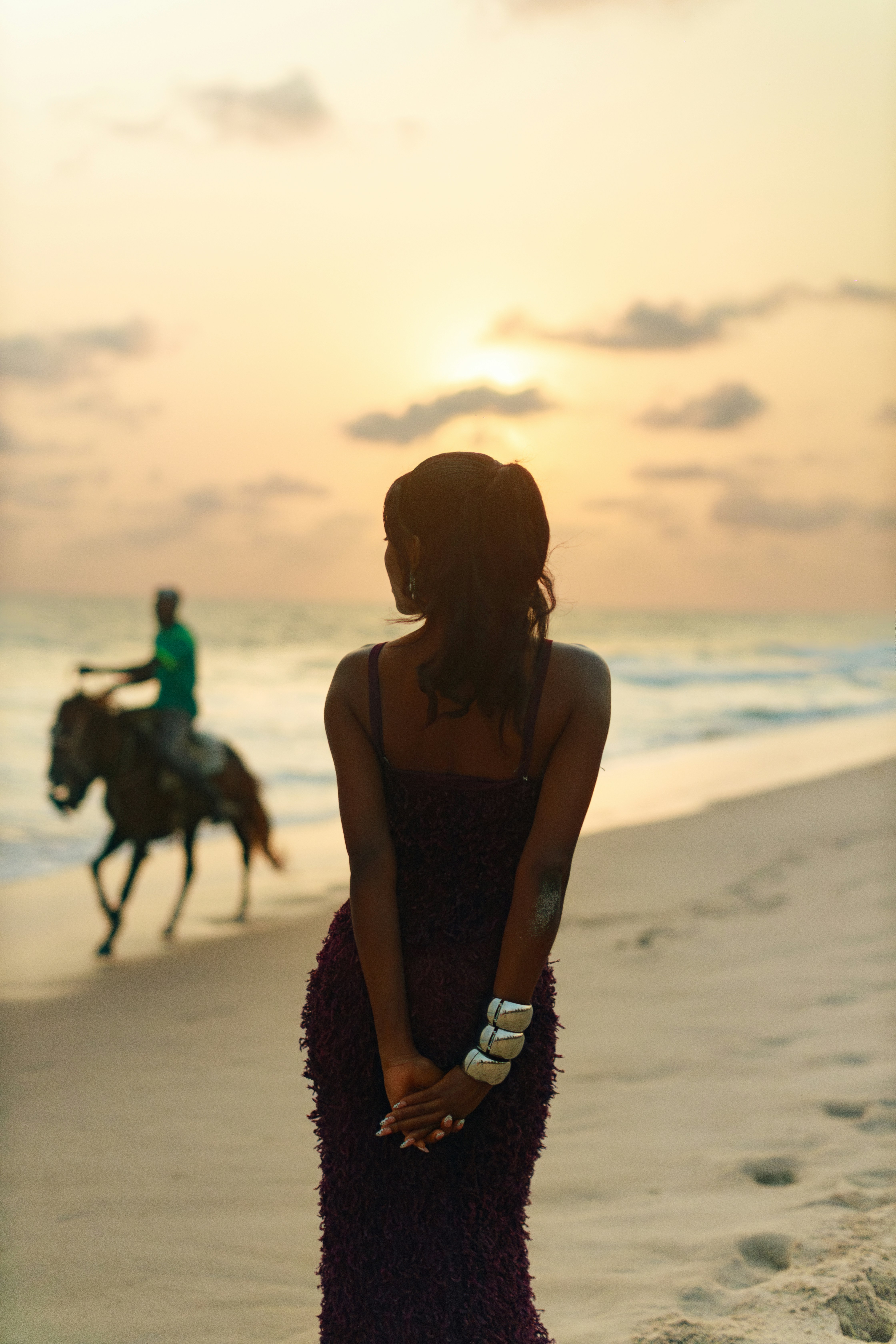 Sunset Silhouette: A Woman in a Velvet Dress on the Quiet Shore