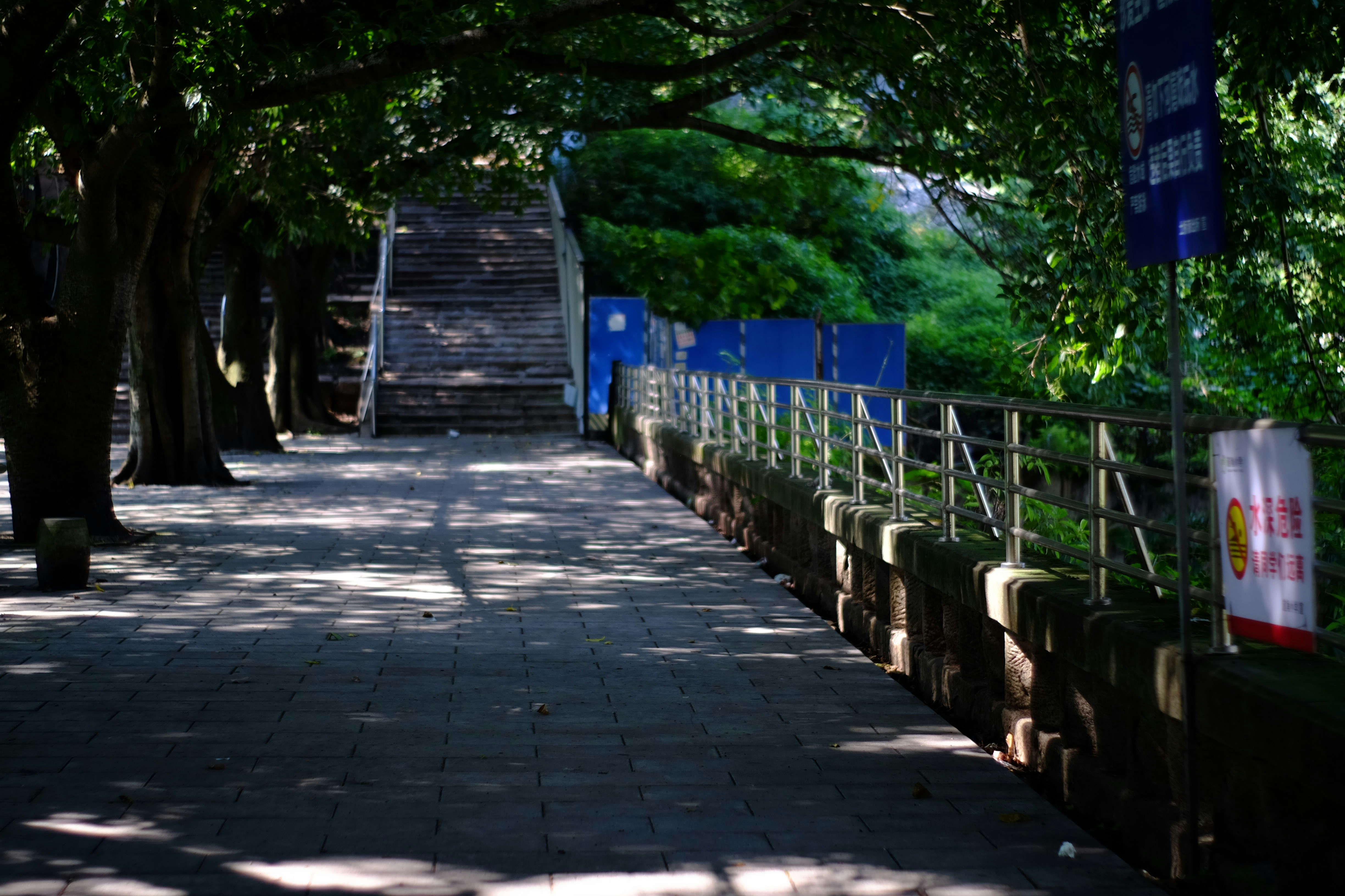Shaded pathway with trees and stone railing photo – Free Nature walk ...