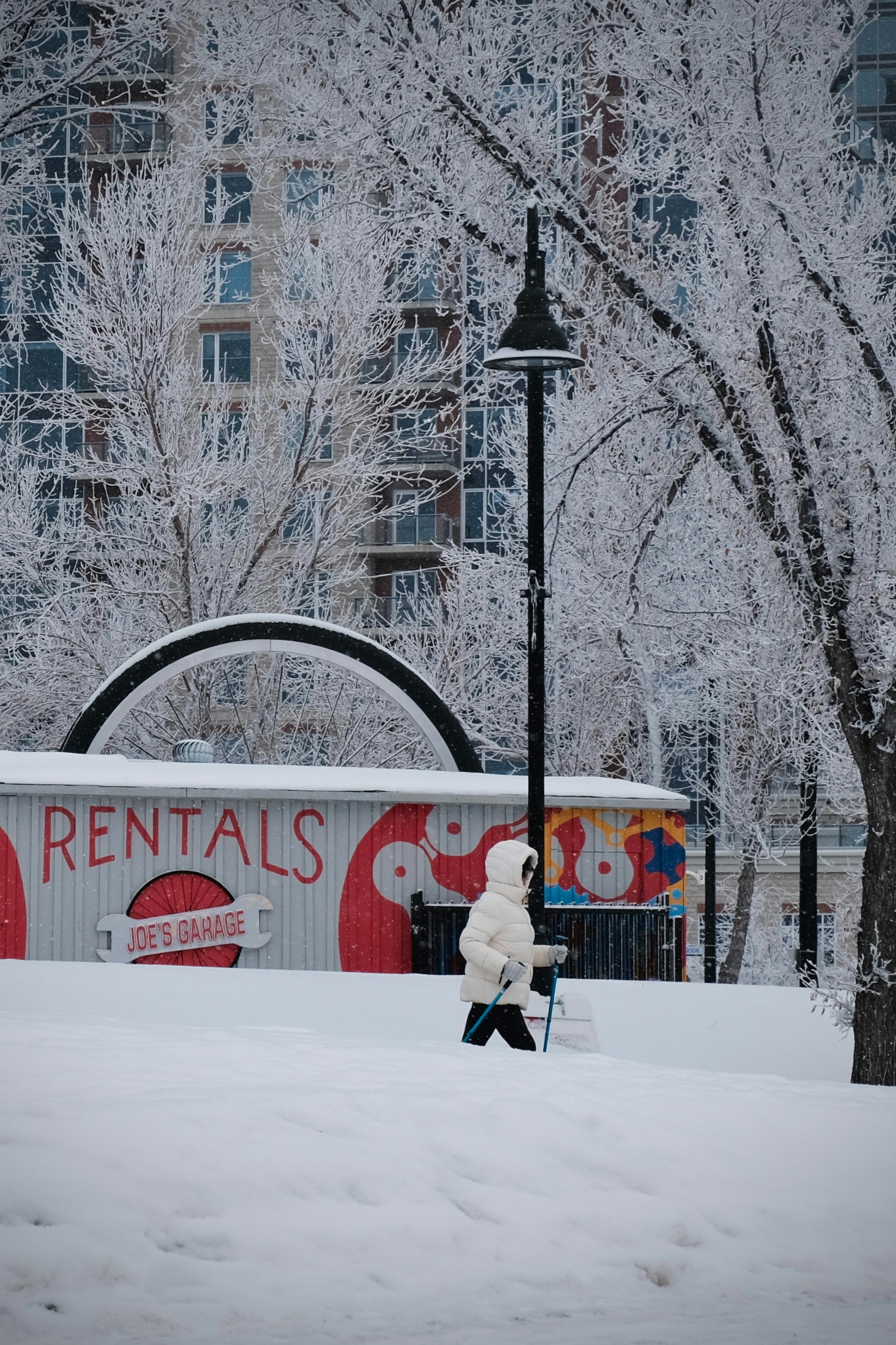 Winter Scooter at Joe's Rentals: Snow-Covered Park Scene