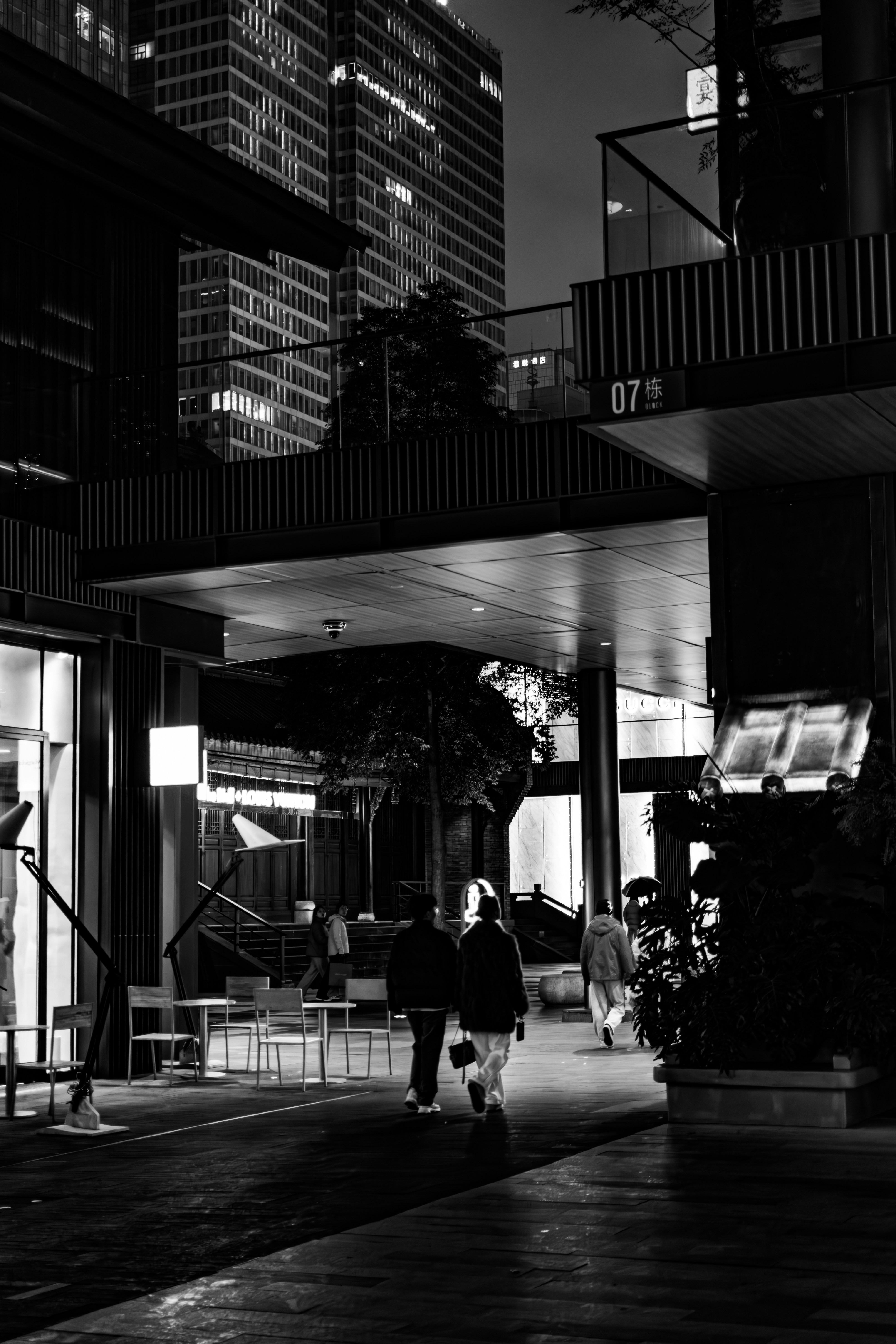 Night Walk through a Quiet Urban Atrium