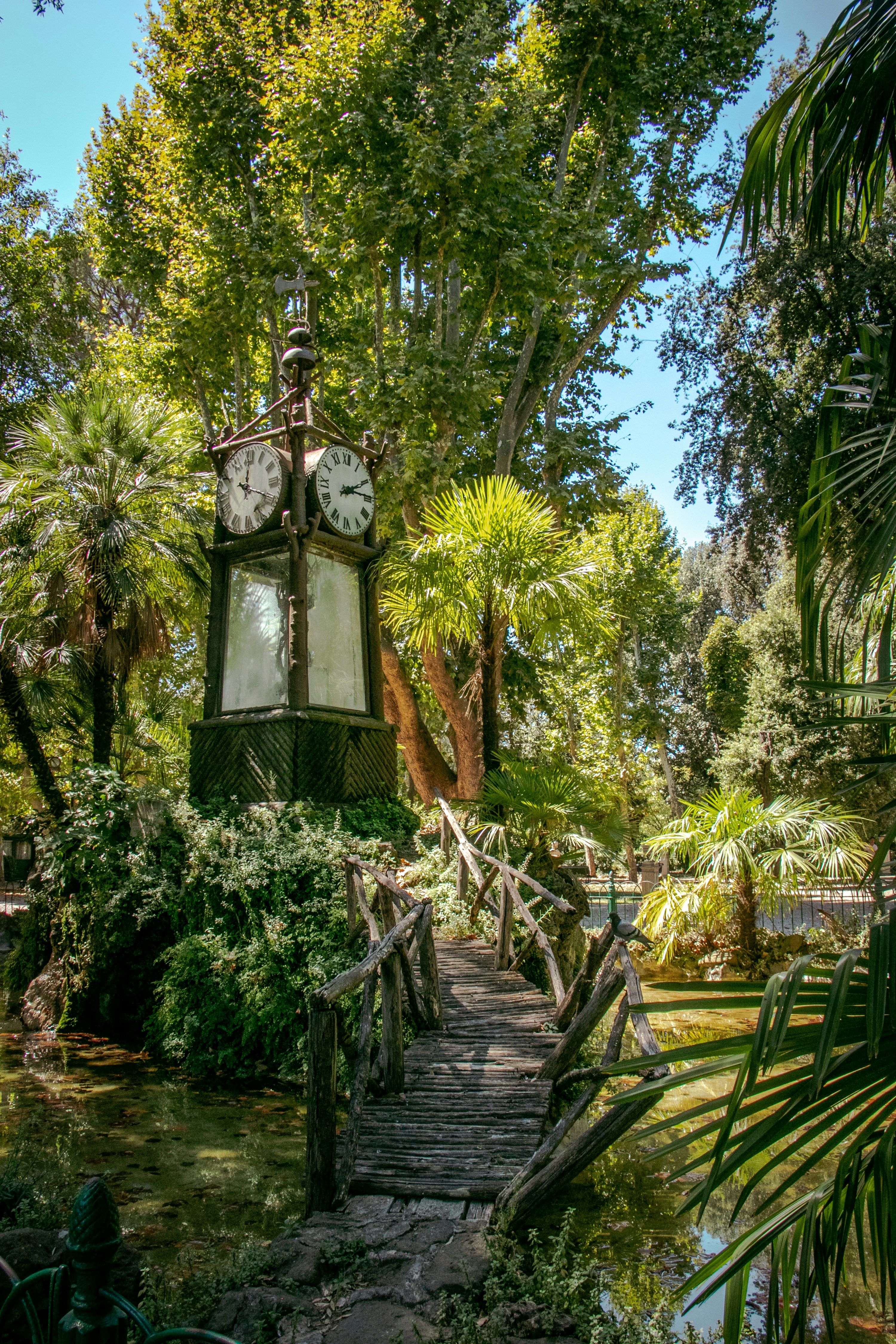Timeless Clock Garden: A Bridge of Green and Time