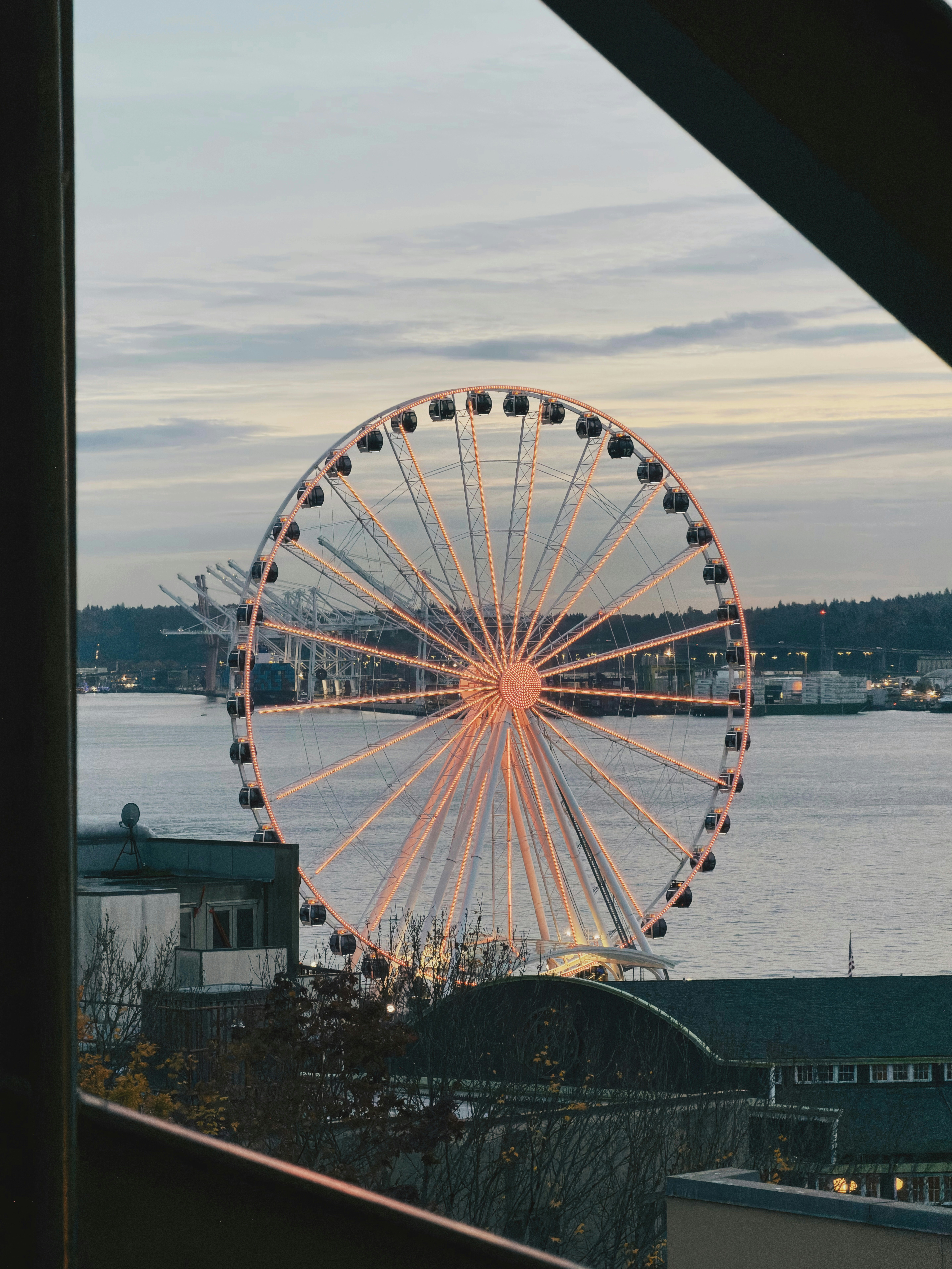 Neon Ring Over the Water: A Ferris Wheel Framed by Window Edges