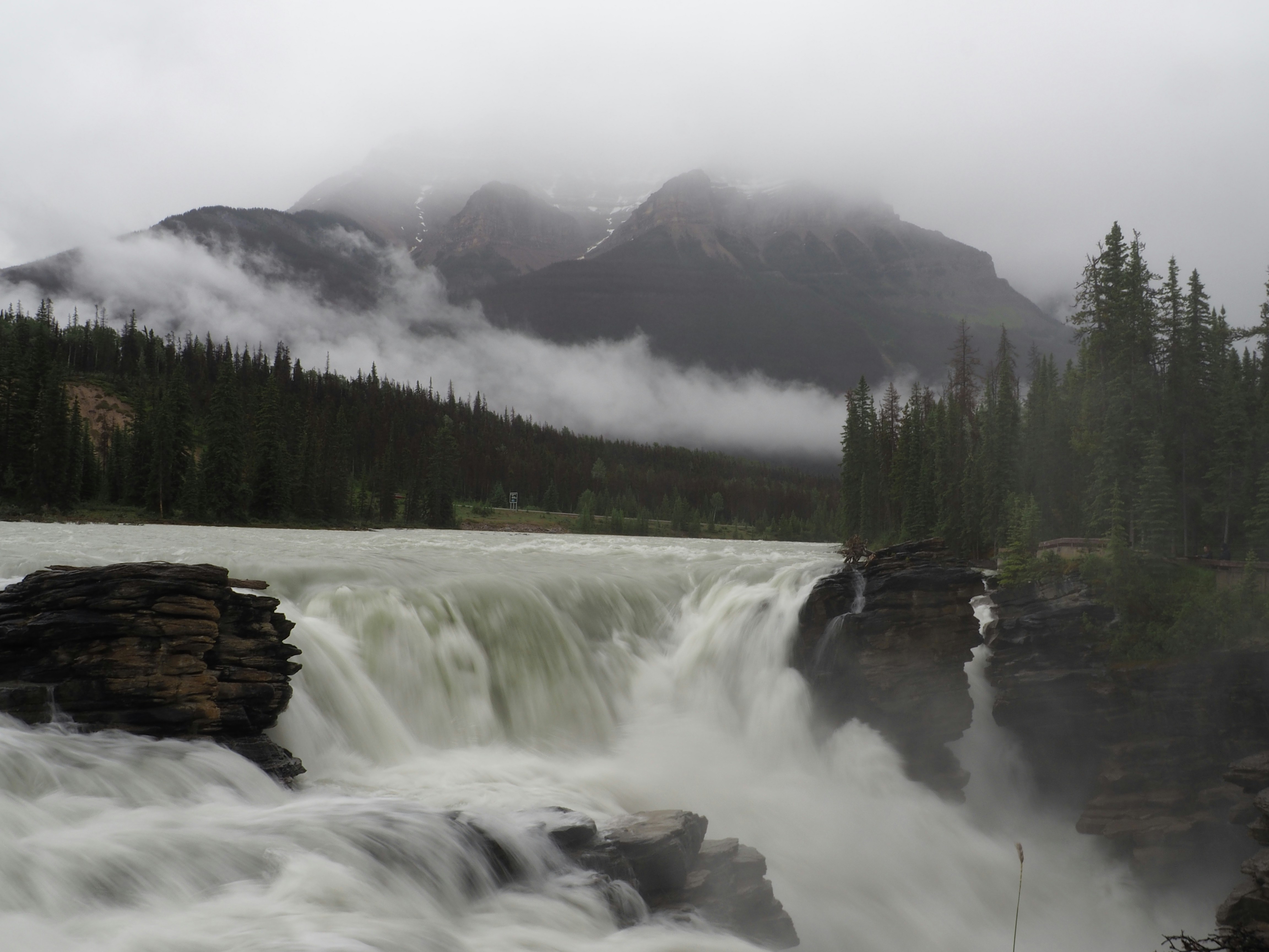 Misty Cascade: A Glacier-Stream Under Low Clouds