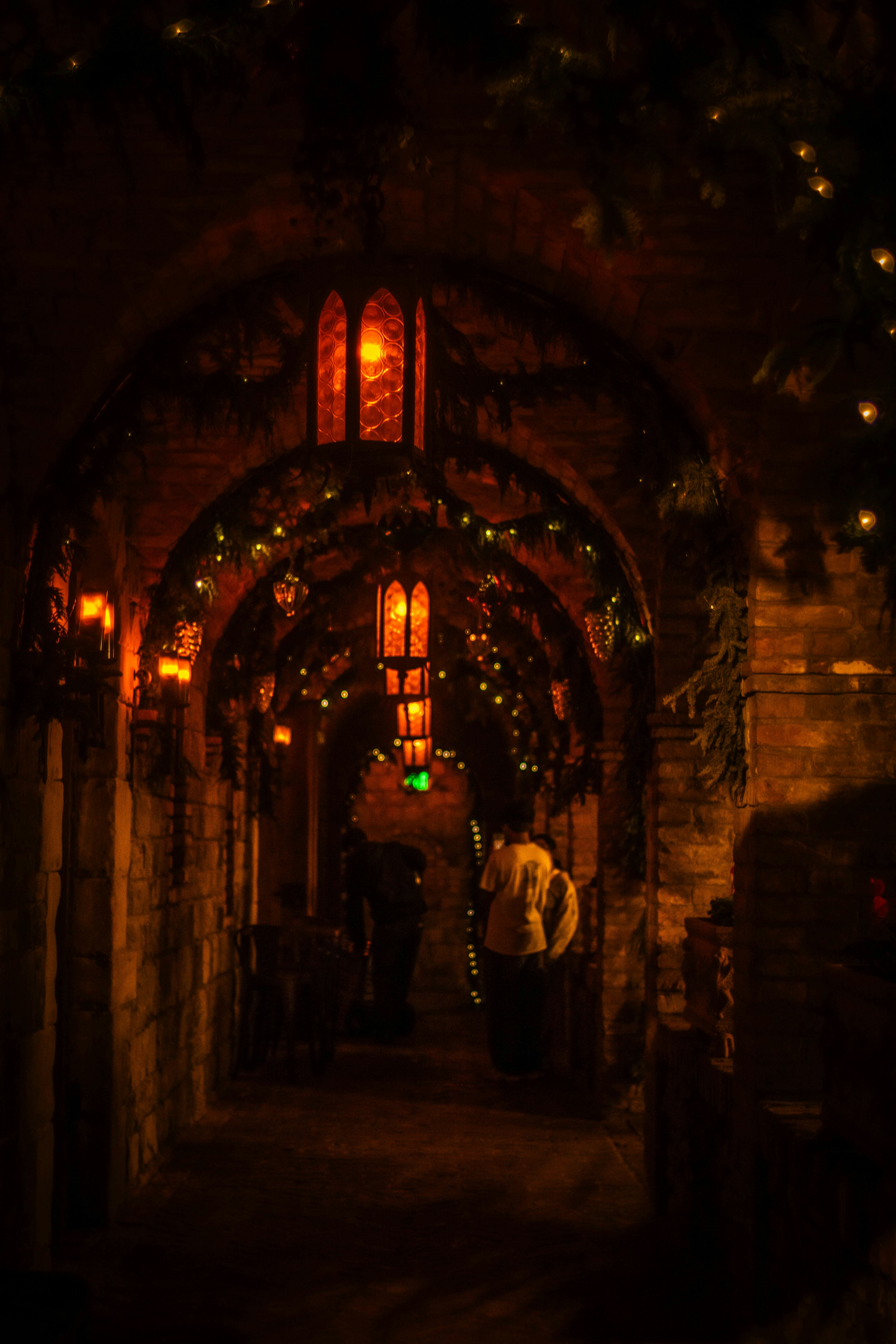Lantern-lit Arcades: A Quiet Night in a Stone Hallway