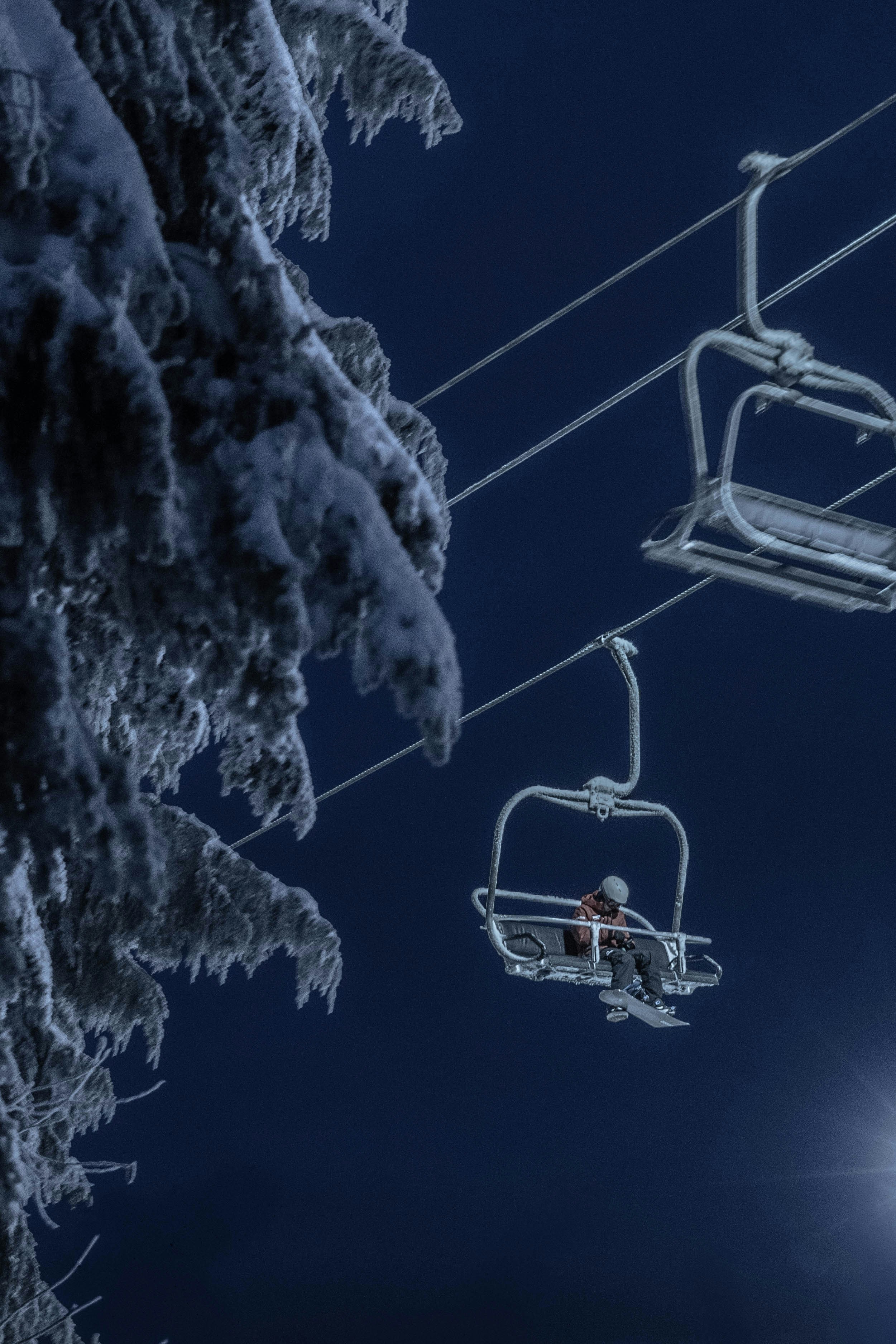 Chairlift Silence: Snow-Tipped Pines under Night Sky