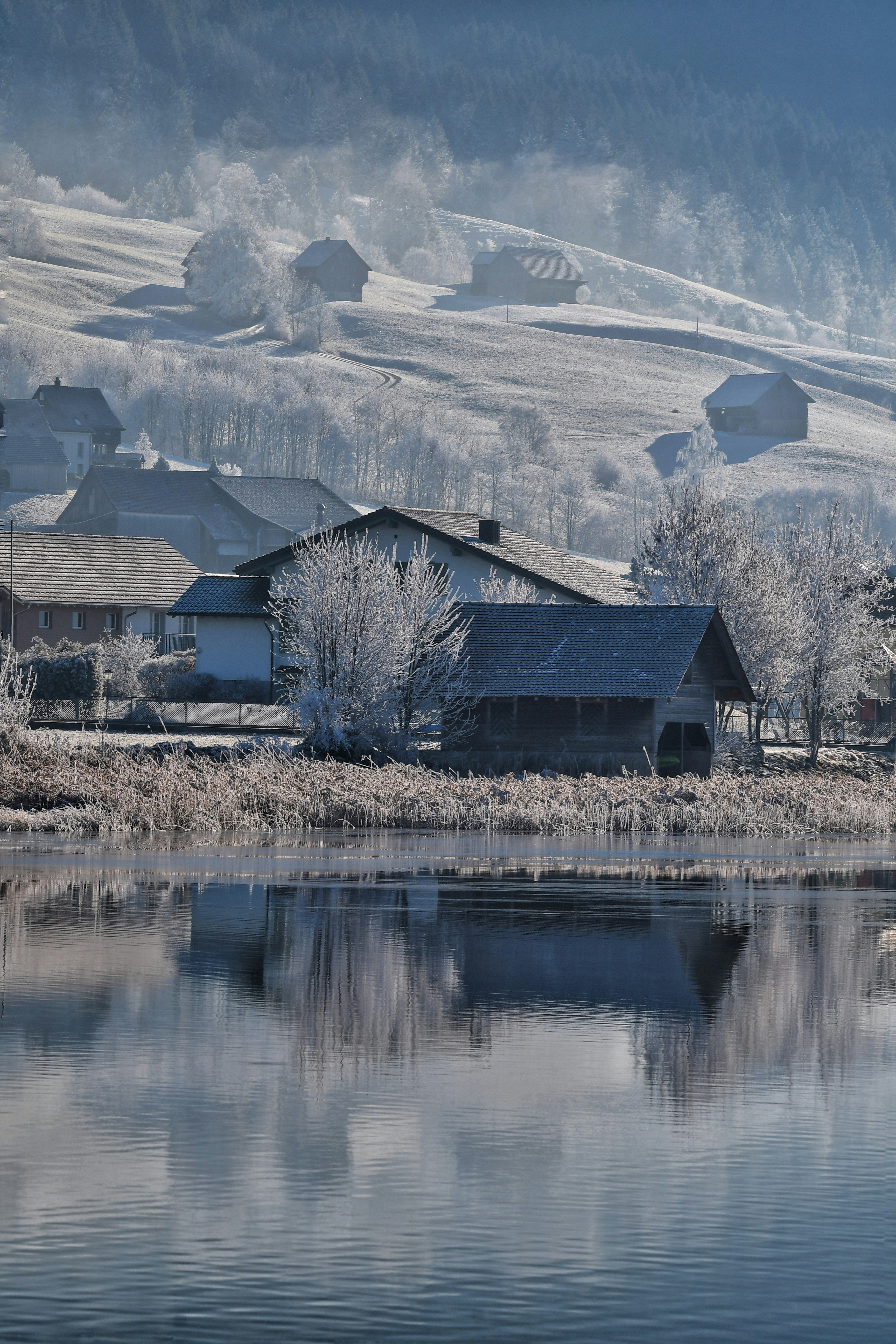 Snowbound Village Reflections Across a Quiet Pond