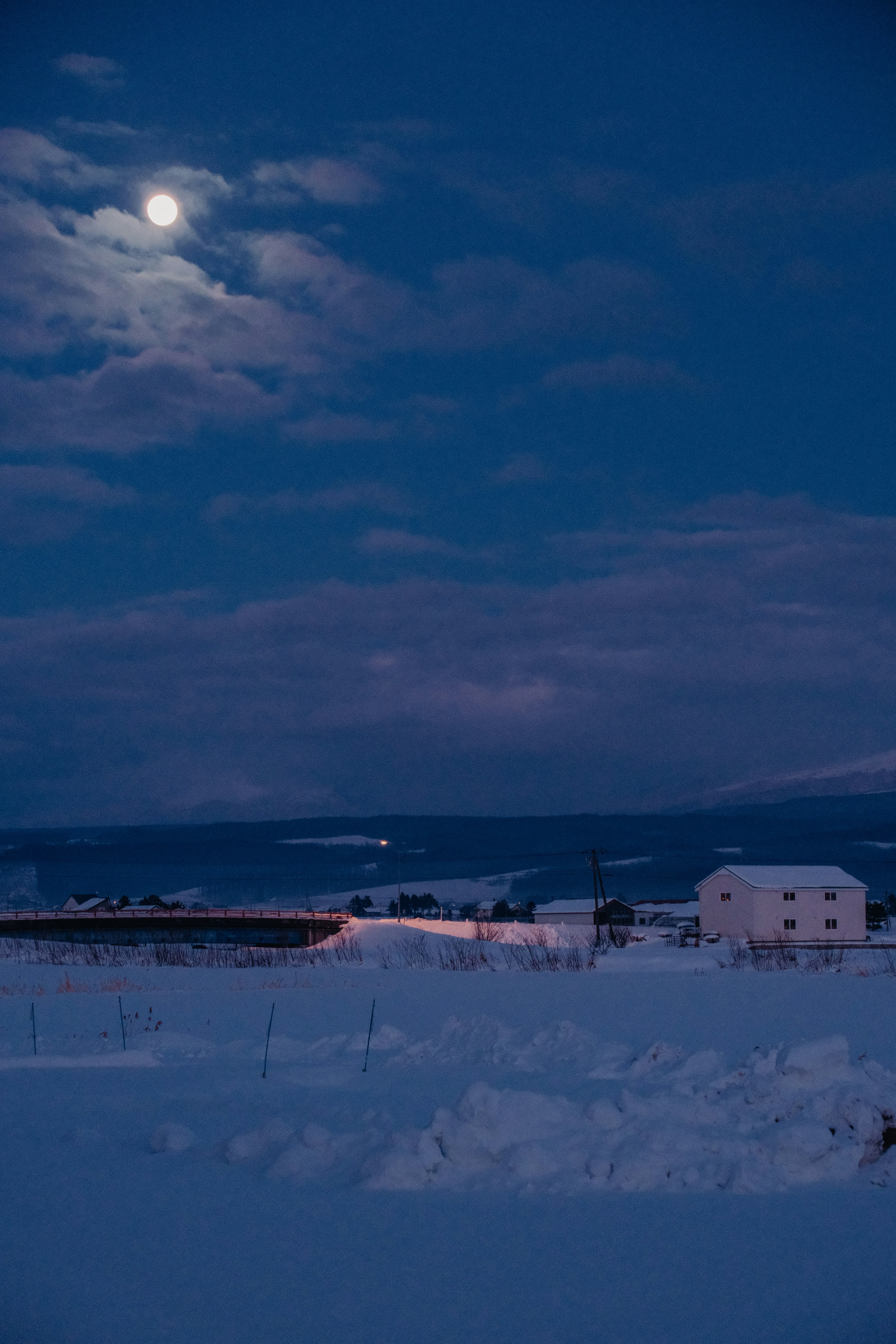 Moonlit Snow: Quiet Village Under a Placid Night Sky