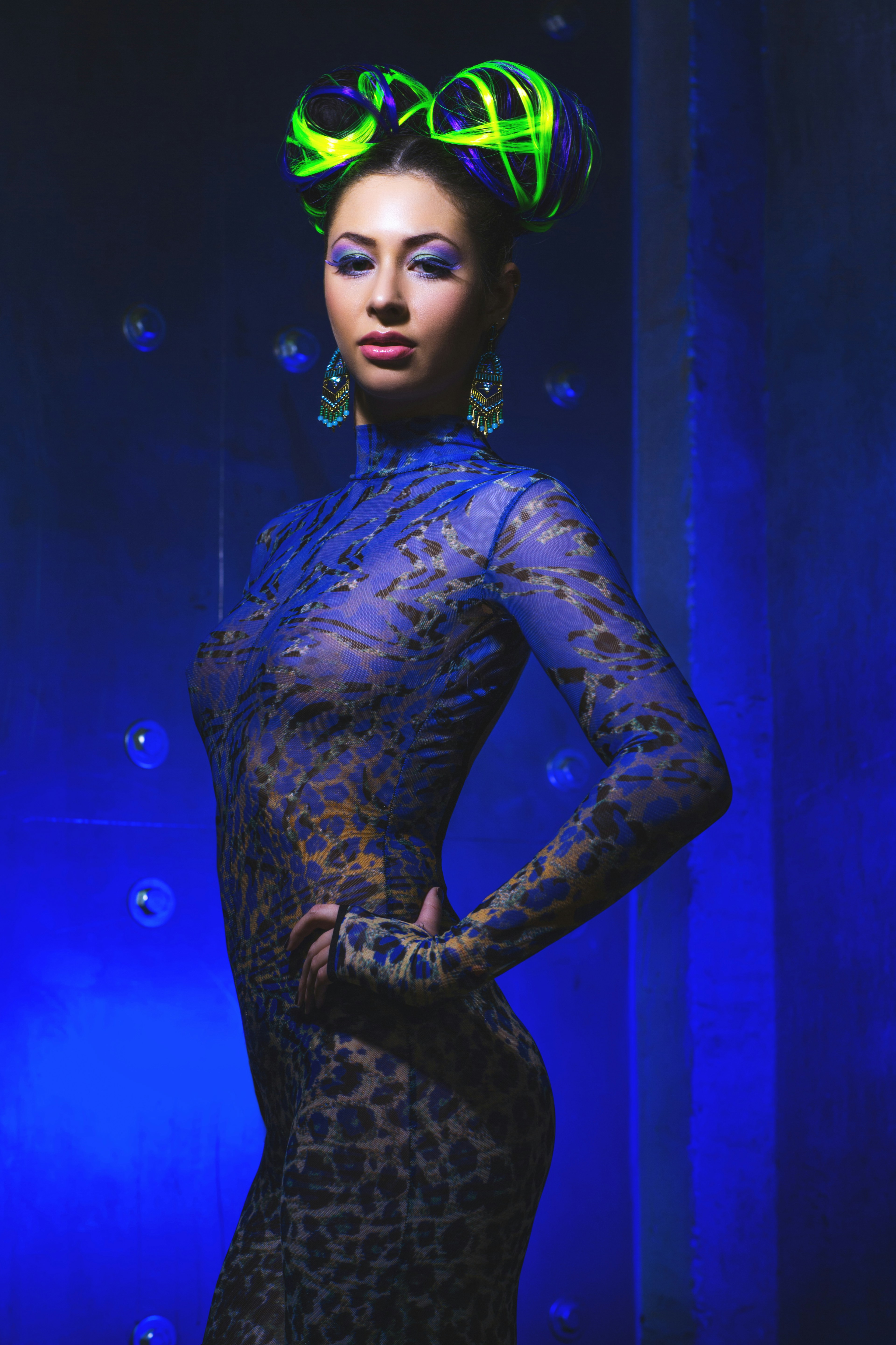 Neon Crown and Velvet Form: A Portrait in Electric Blue