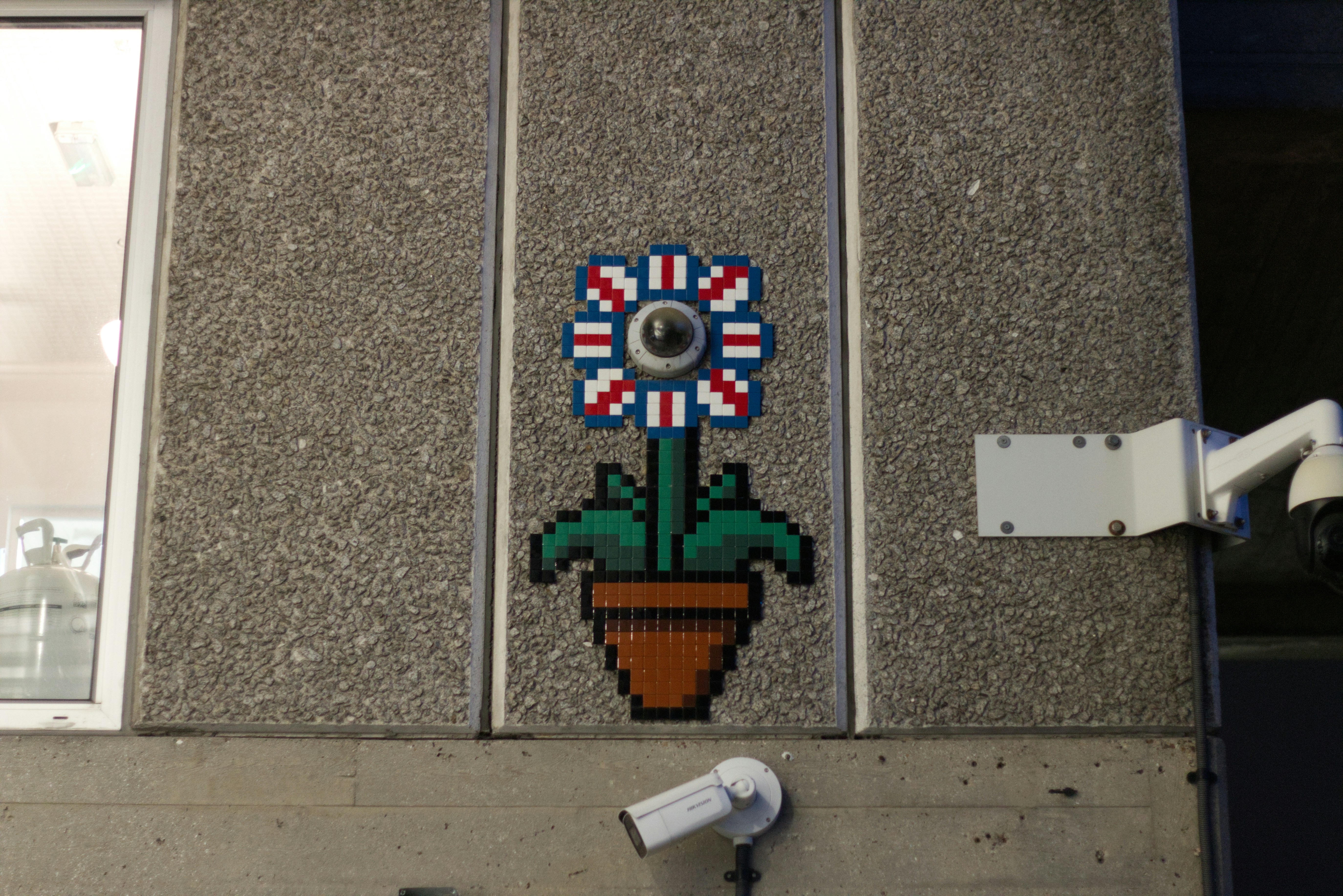 Pixel Bloom on Concrete: A Mosaic Flower Anchoring a City Facade