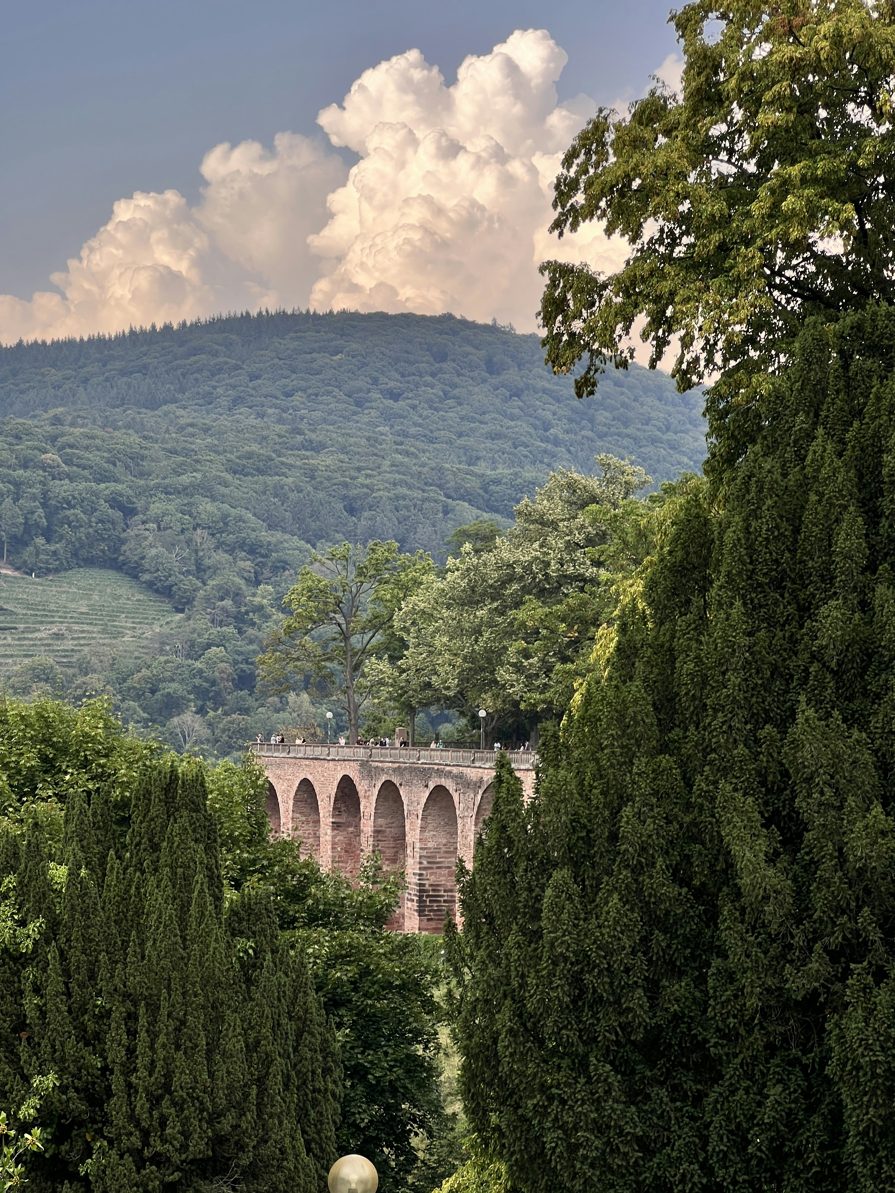 Brick Arch Viaduct Framed by Velvet Foliage Under a Cloudlit Ridge