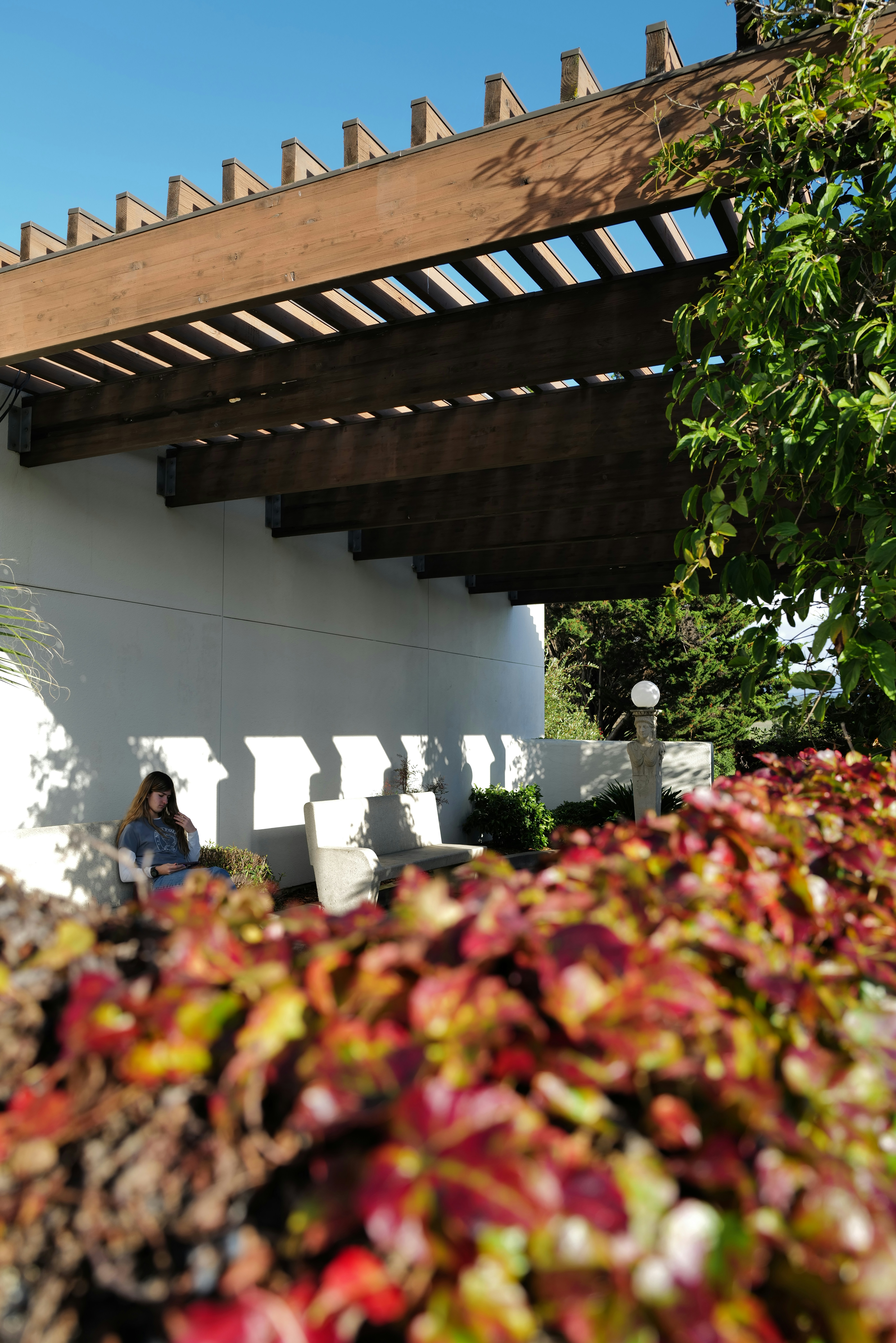 Shaded Pergola Overhang Casting Geometric Shadows on a Quiet Courtyard