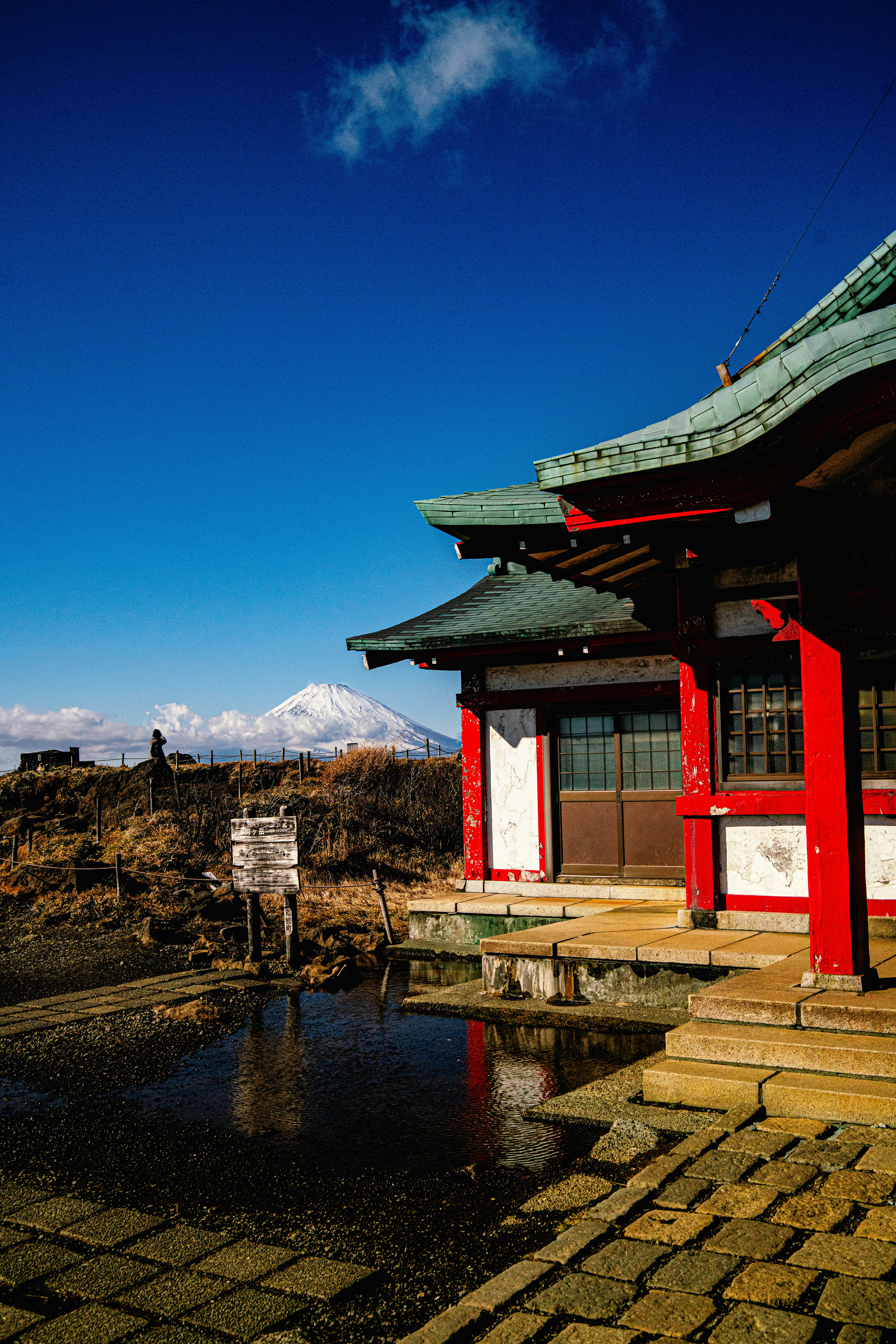 Red Post and Temple by Mt. Fuji
