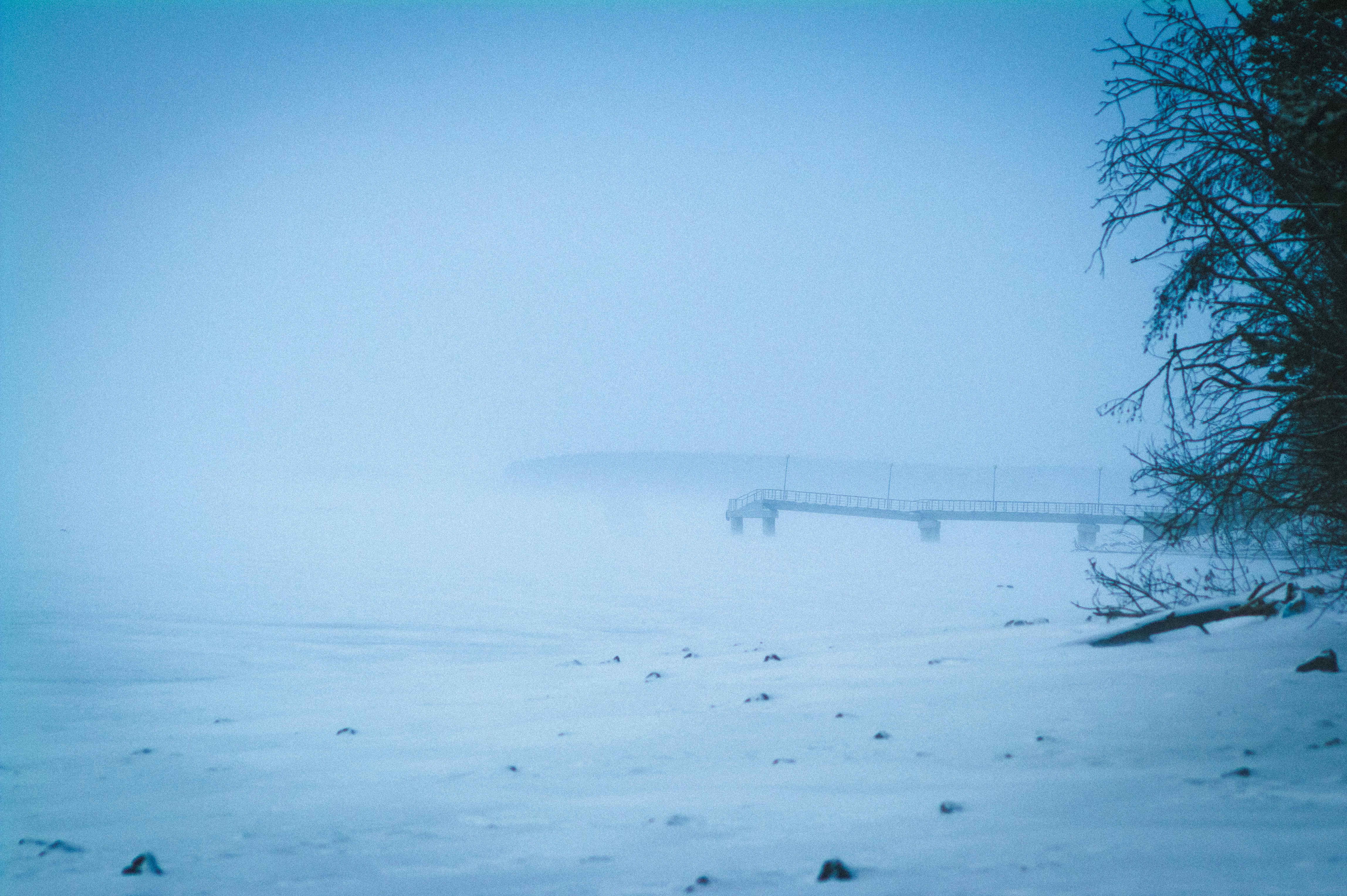 Misty winter landscape with a wooden pier.