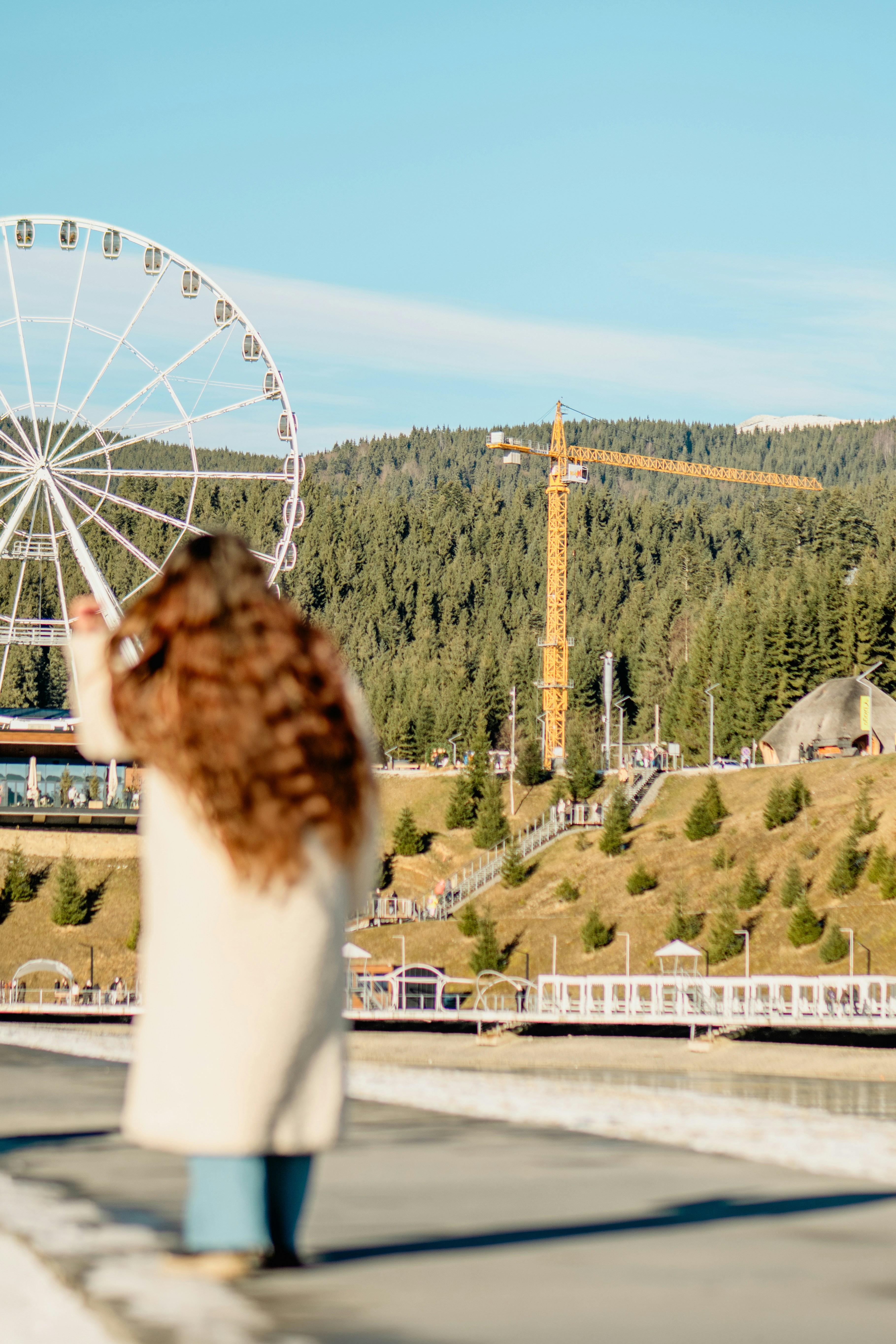 Outstretched Moment: A Girl Reaches Toward the Ferris Wheel Under a Clear Sky