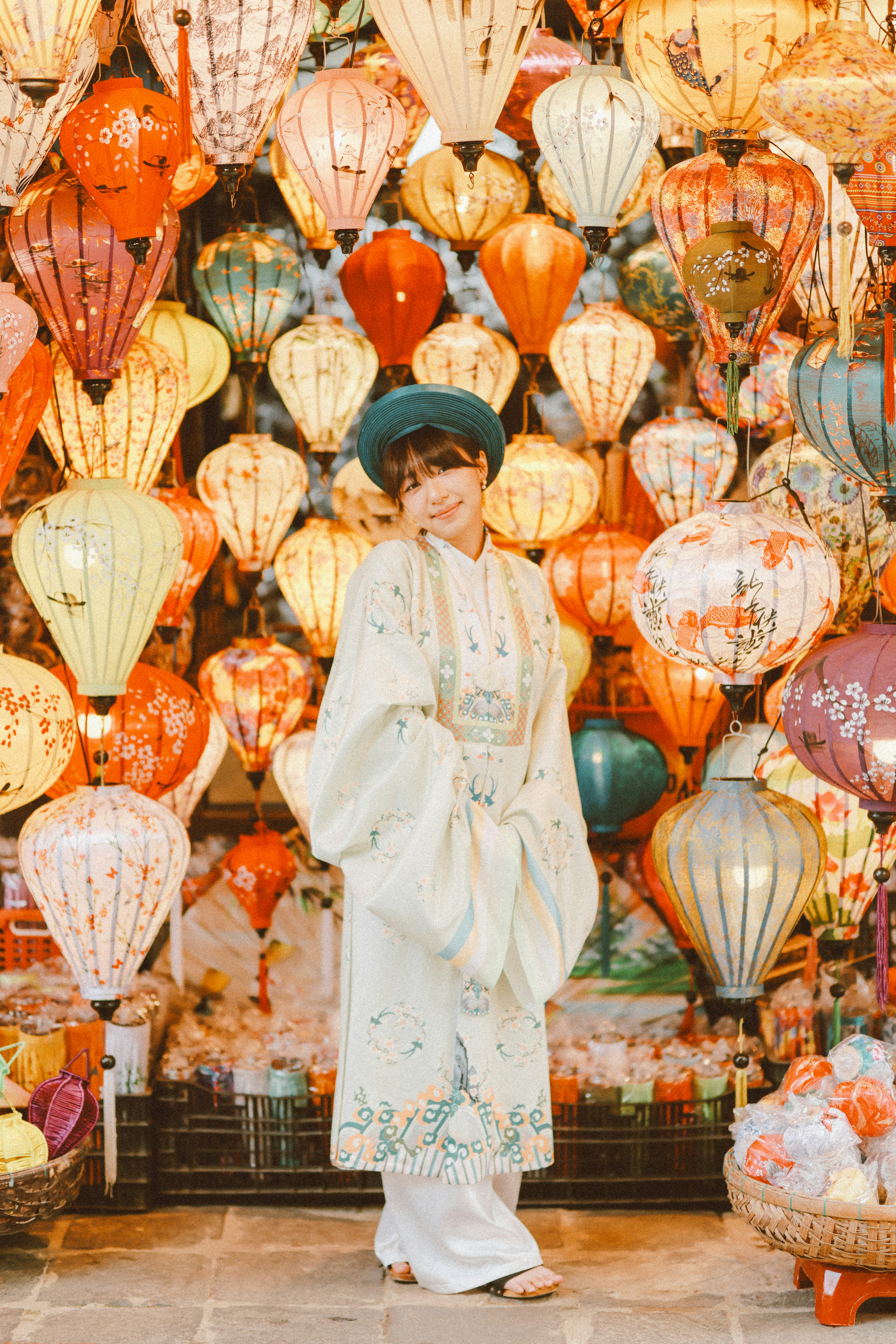 Silk-White Kimono Among Floating Lanterns