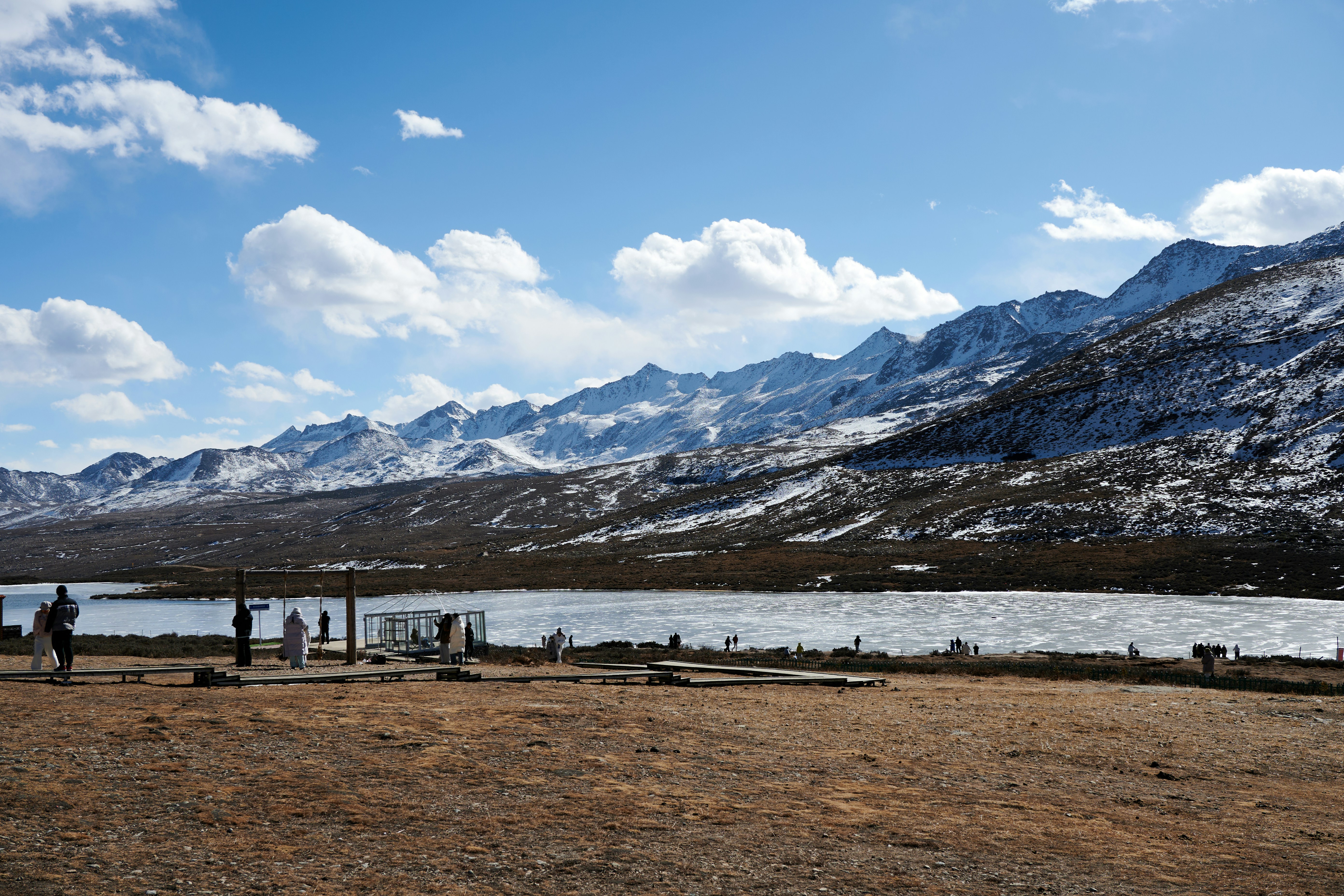 Mountains, Lake, and Visitors: A Wide Mountain Shore