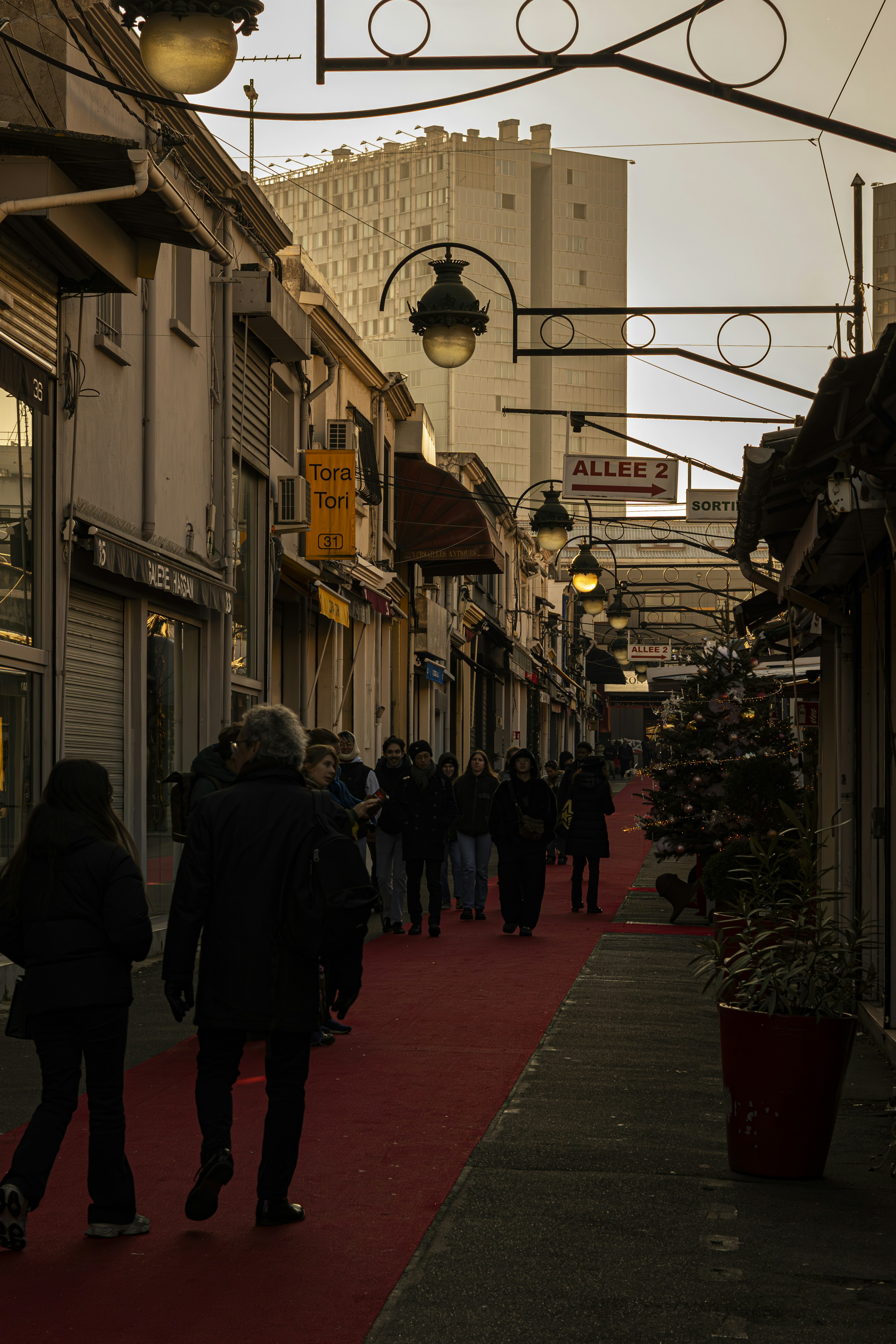 Red Carpet Through a City Arcade: twilight shoppers on a lined street