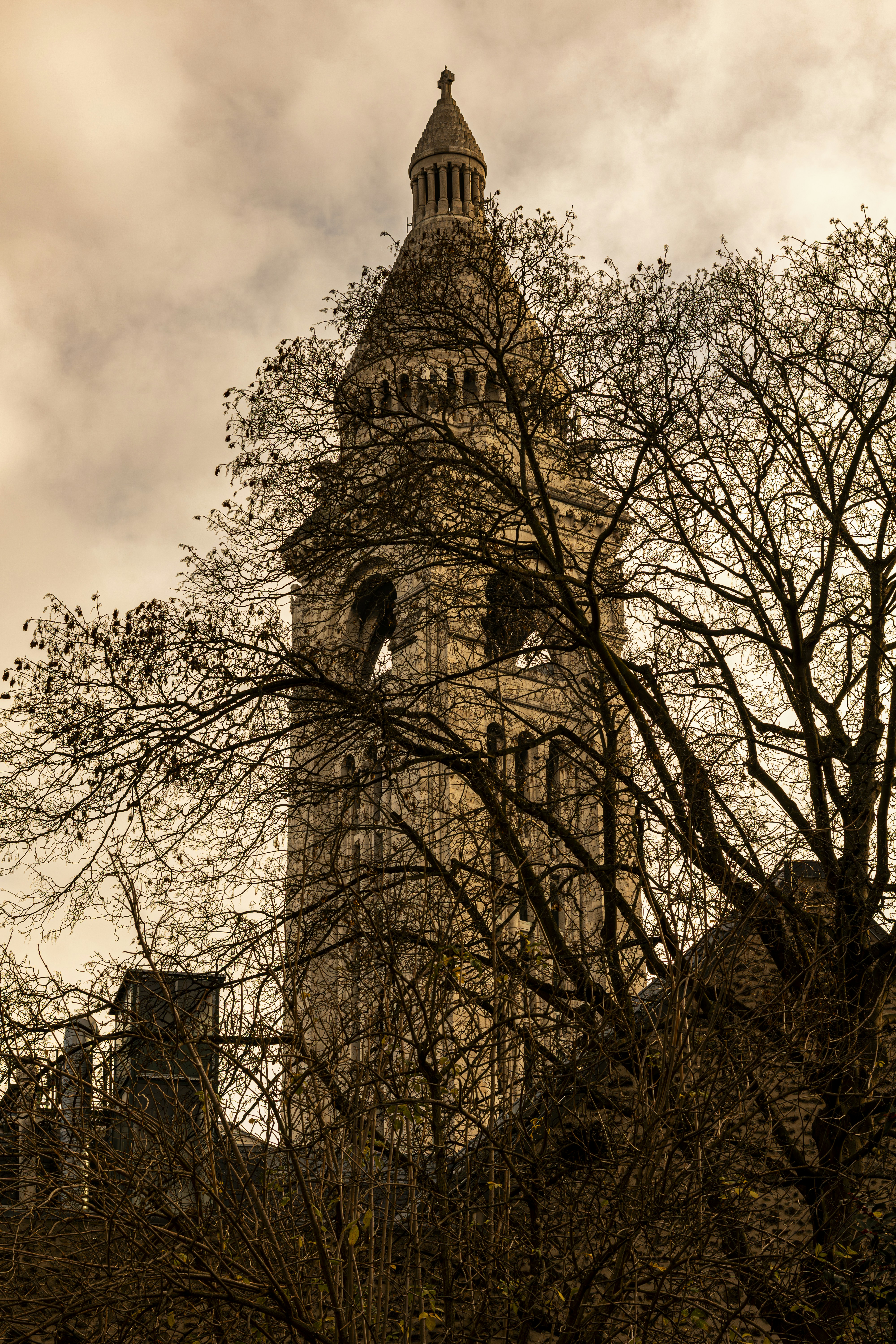 Tower of Timebound Branches Beneath a Stormy Sky