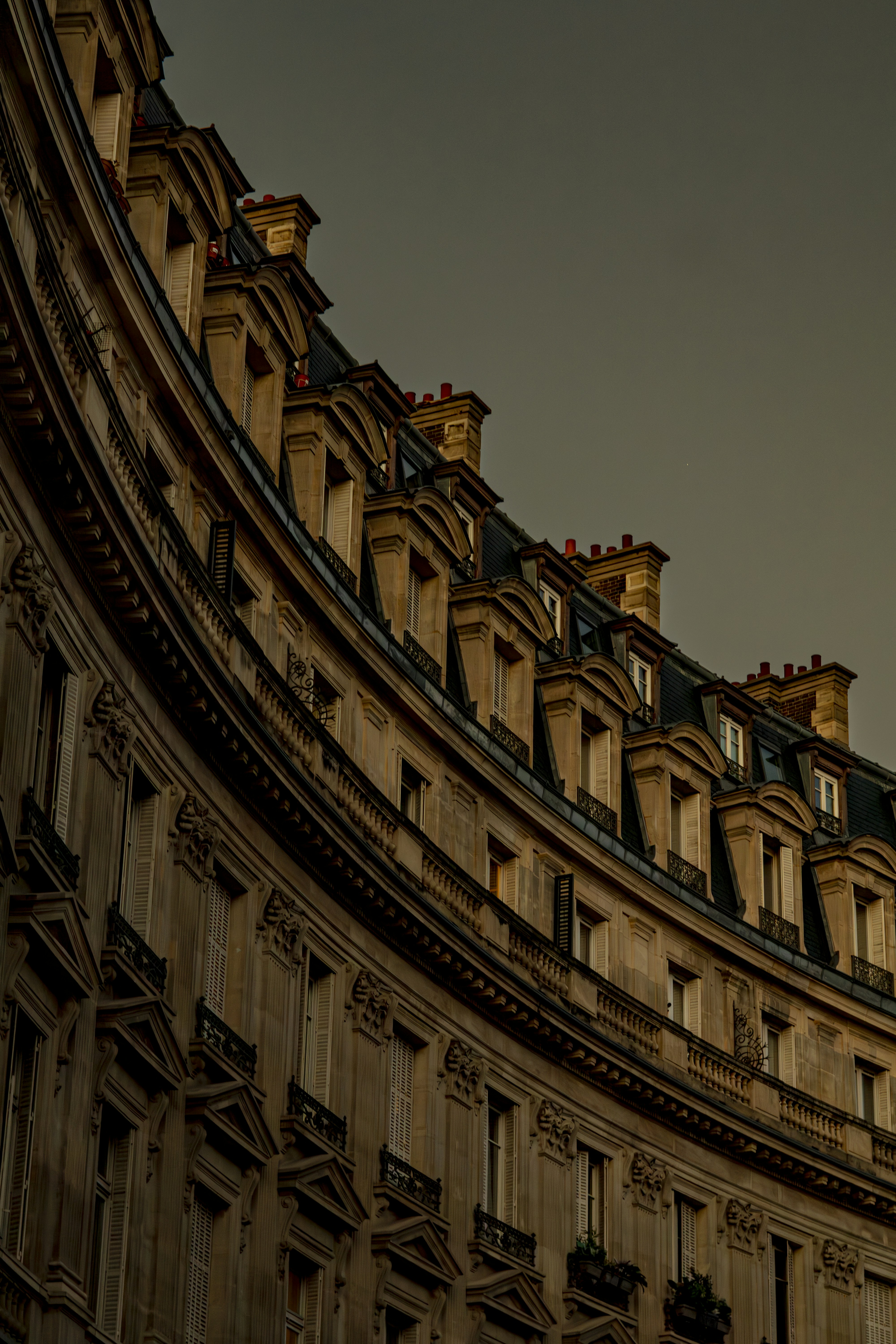 Curved Facade Chronicle: Rows of Parisian Dormers in Soft Evening Light