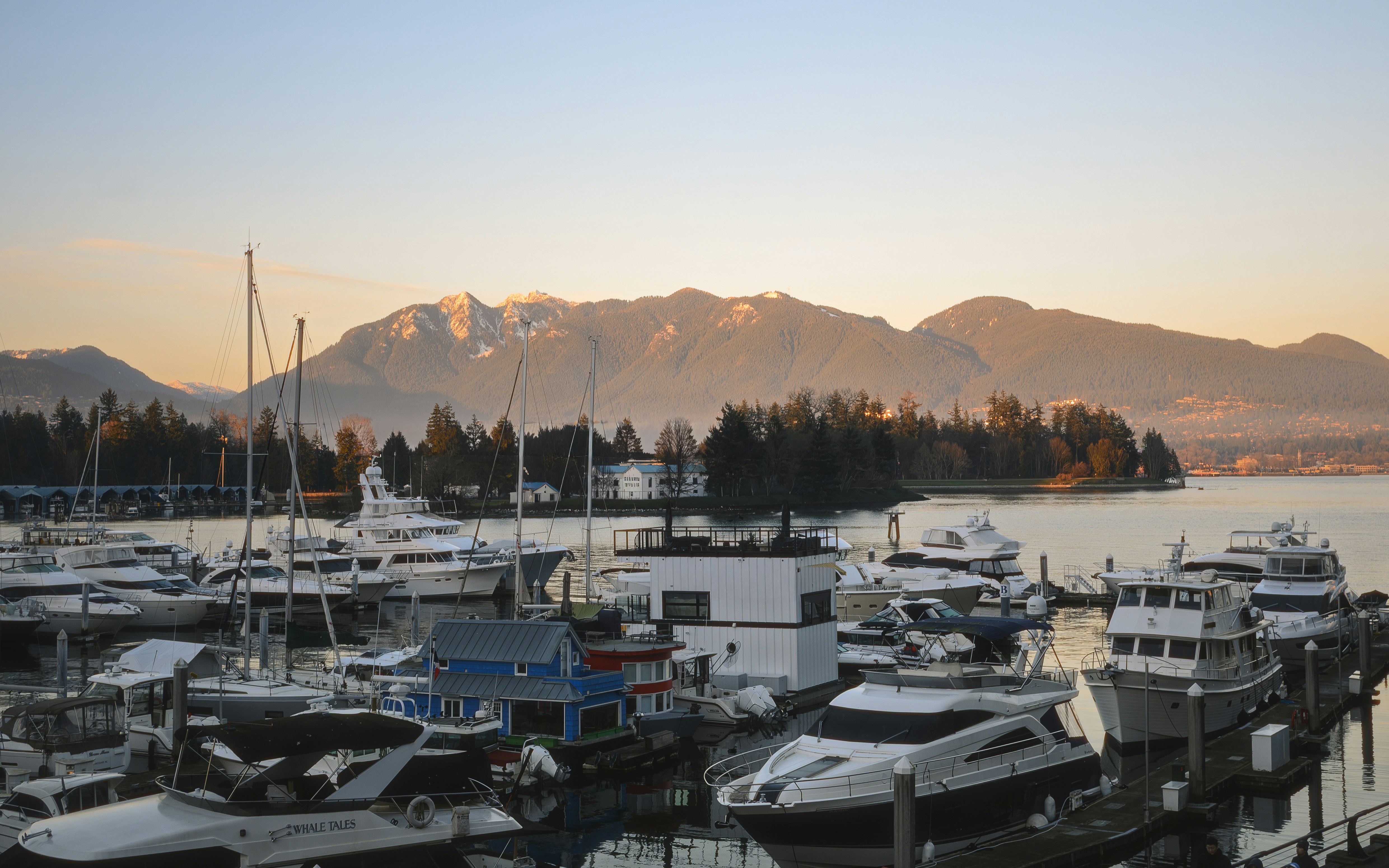 Sunlit Marina: Boats Rest on a Quiet Fjord as Distant Peaks Glow