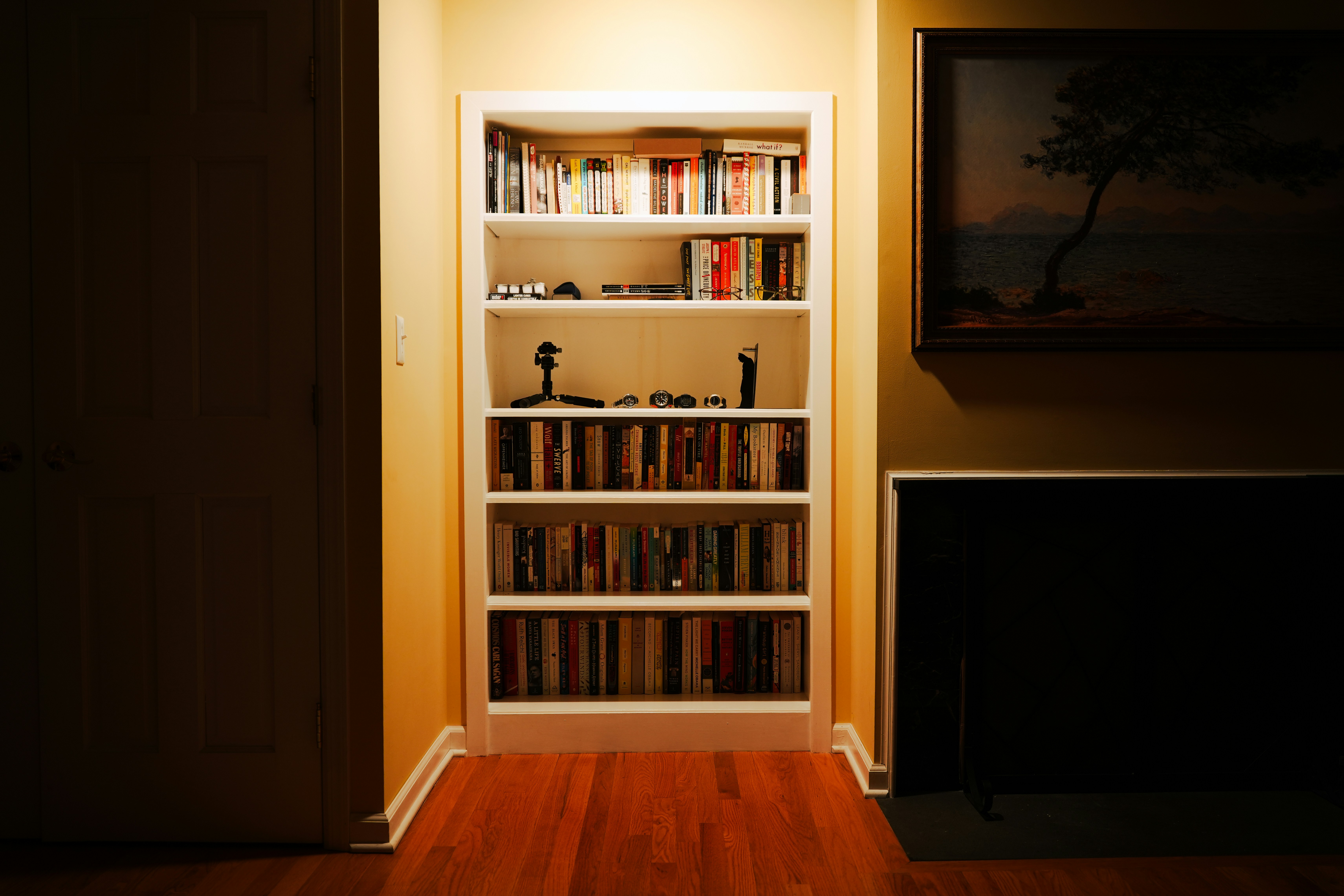 A tall bookshelf filled with books in a room.