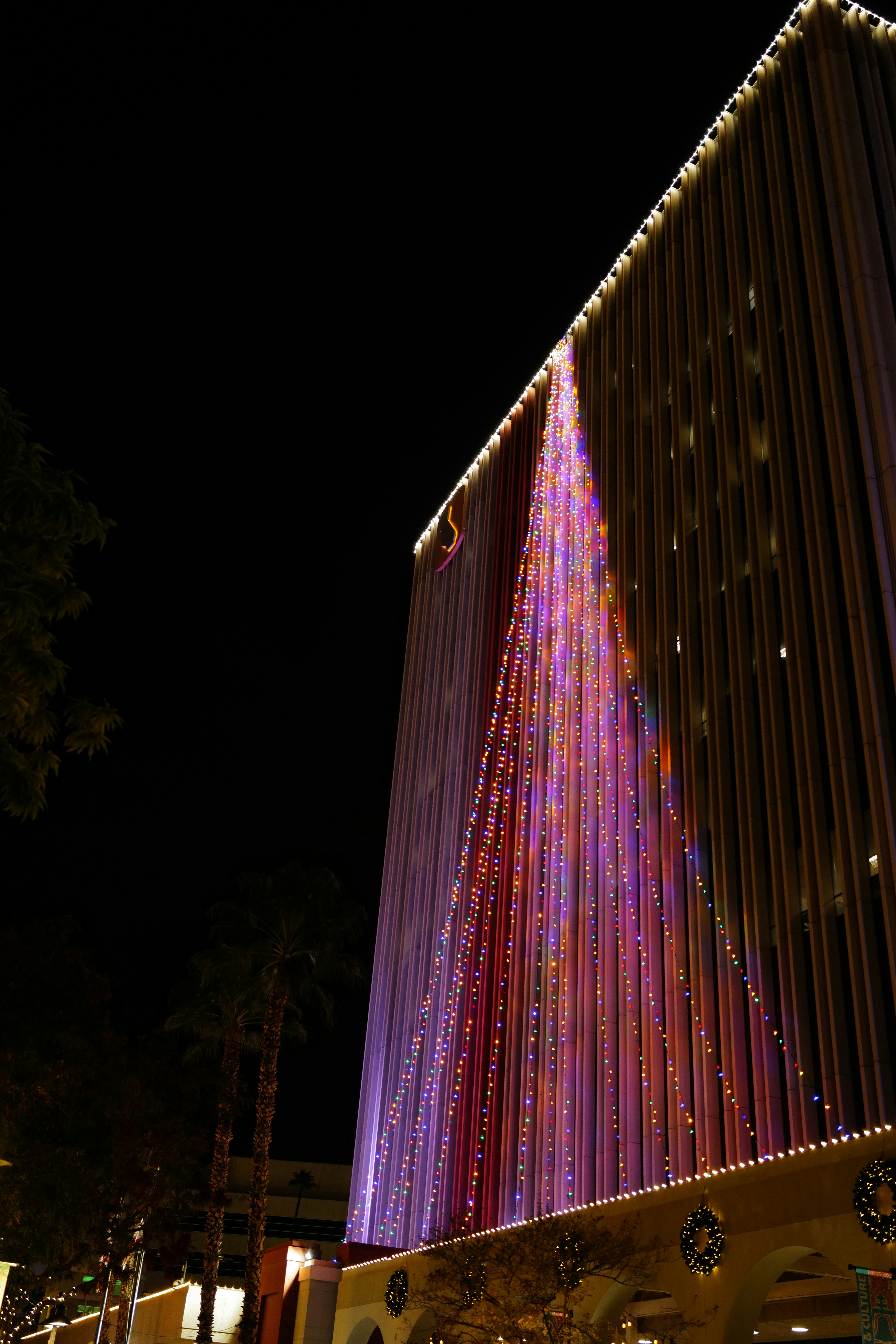 Illuminated Holiday Cone: A Towering Tree Adorns the Night