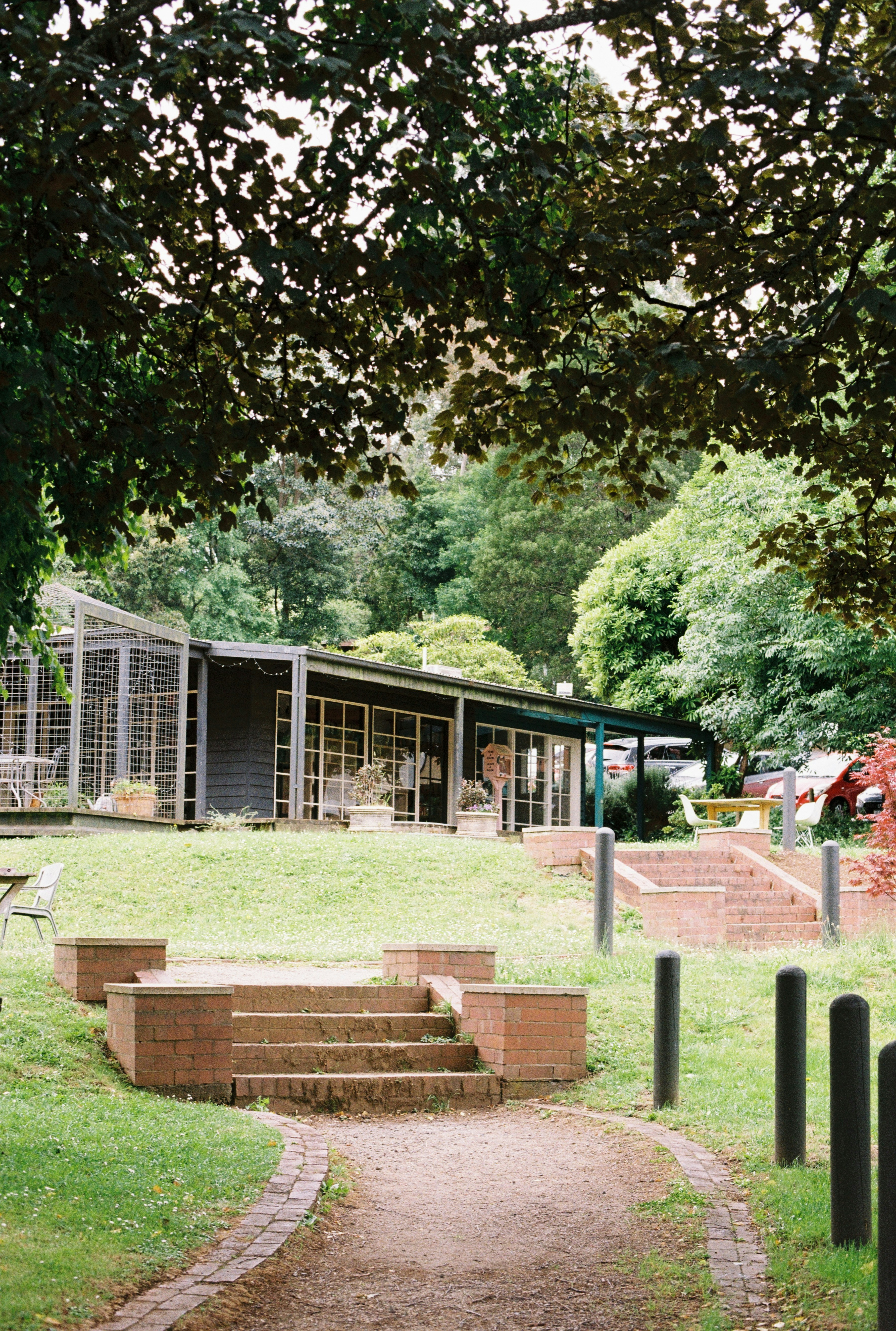 Brick Steps and Oval Path: A Quiet Park Entrance Under Dappled Shade
