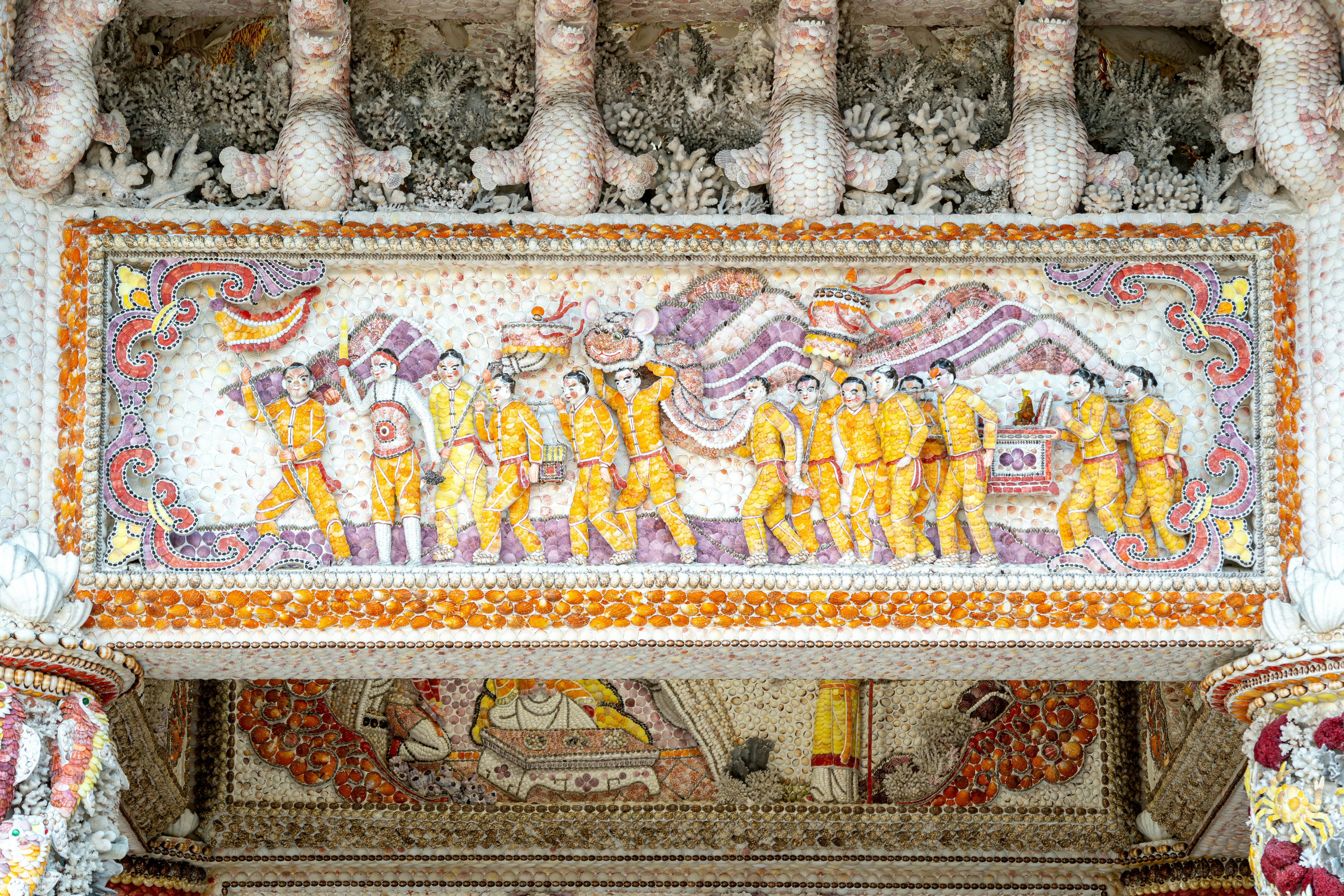 Mosaic Parade: Yellow-robed Figures Adorn a Framed Frieze