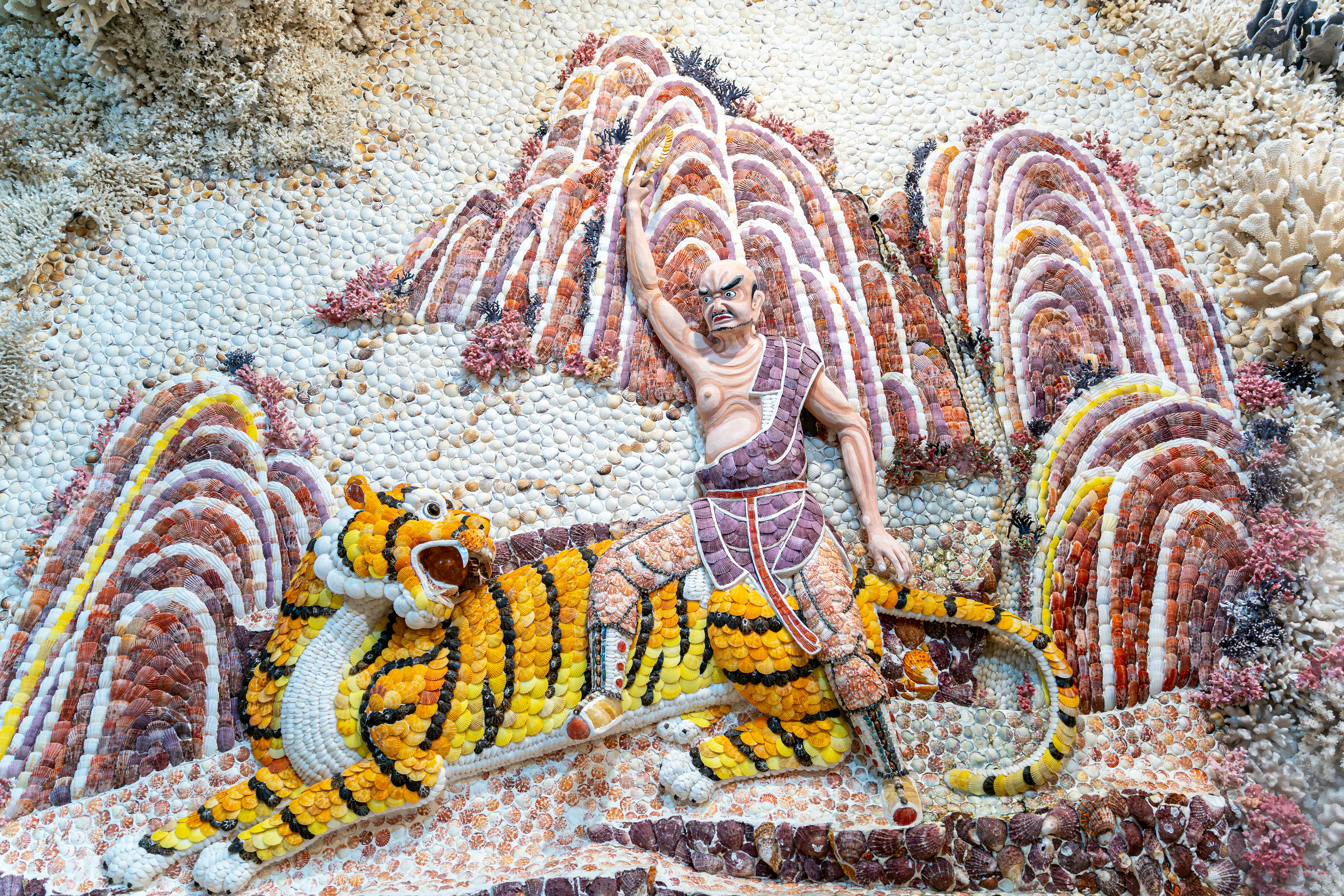 Man-Dragon Guardian Emerges from a Coral-Crested Shrine