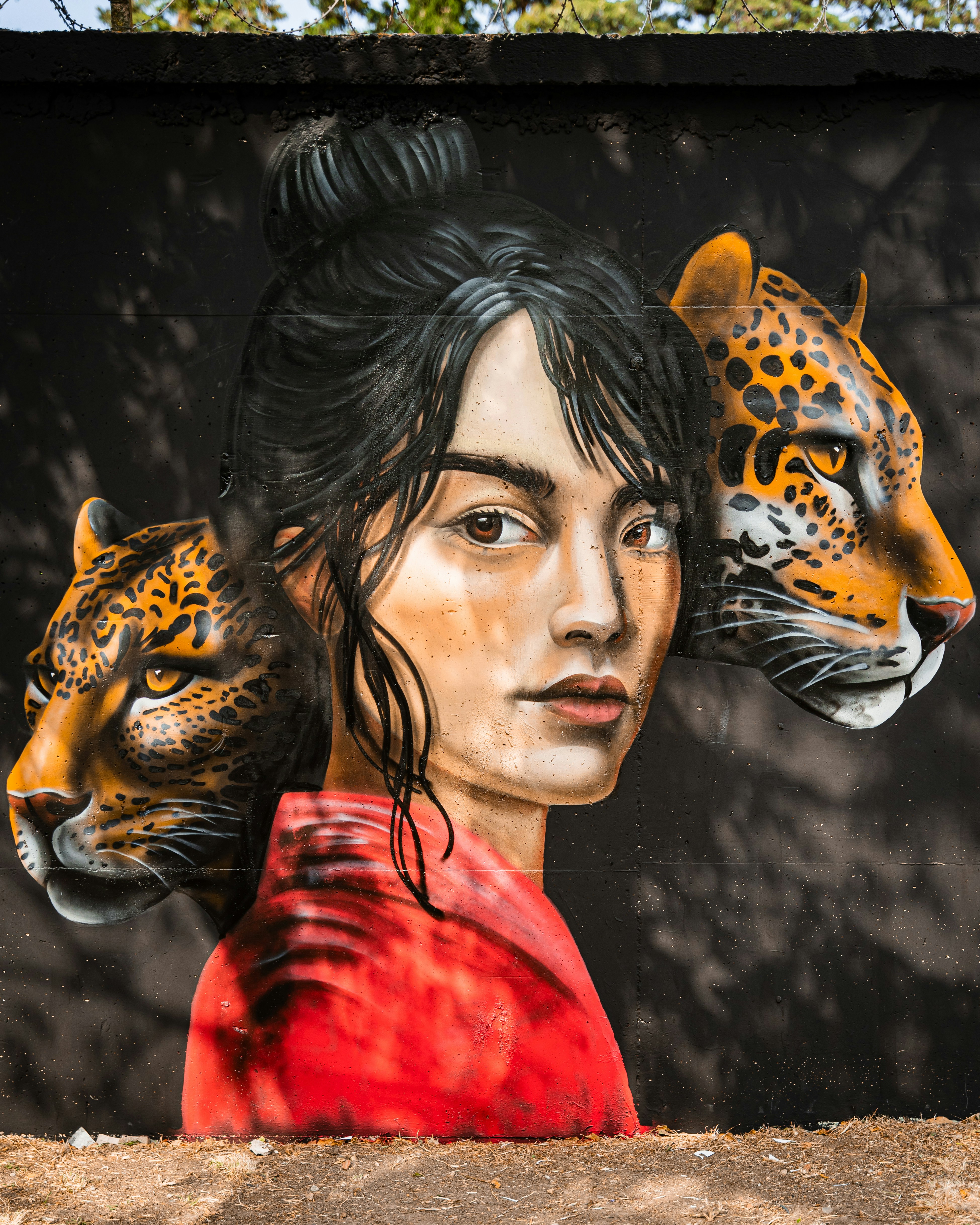 Portrait of a Contemporary Warrior: A Woman in a Red Cheongsam with Leopard Shadows