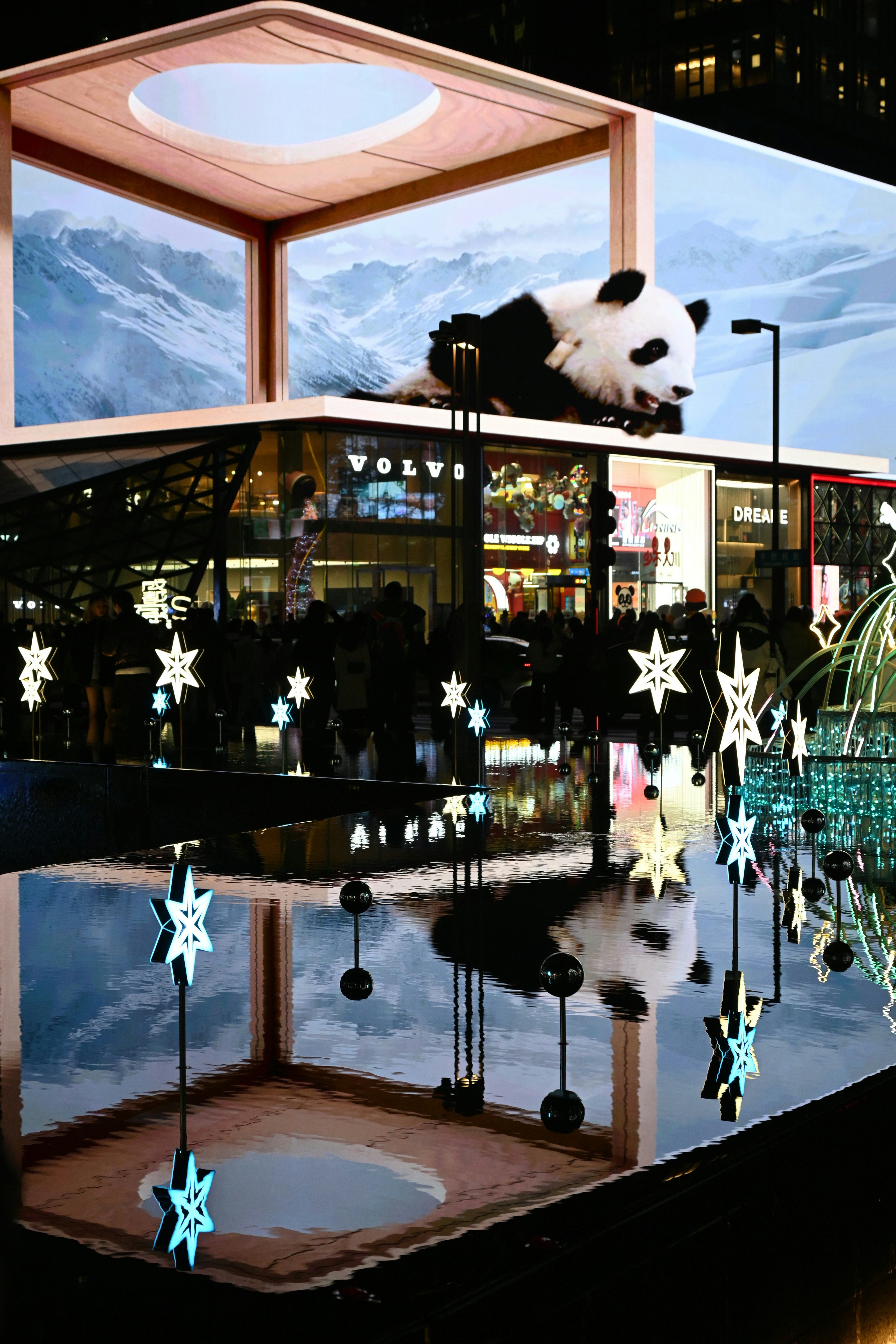 Panda on the Ice: Neon Stars and Snowy Reflections at a City Shopfront