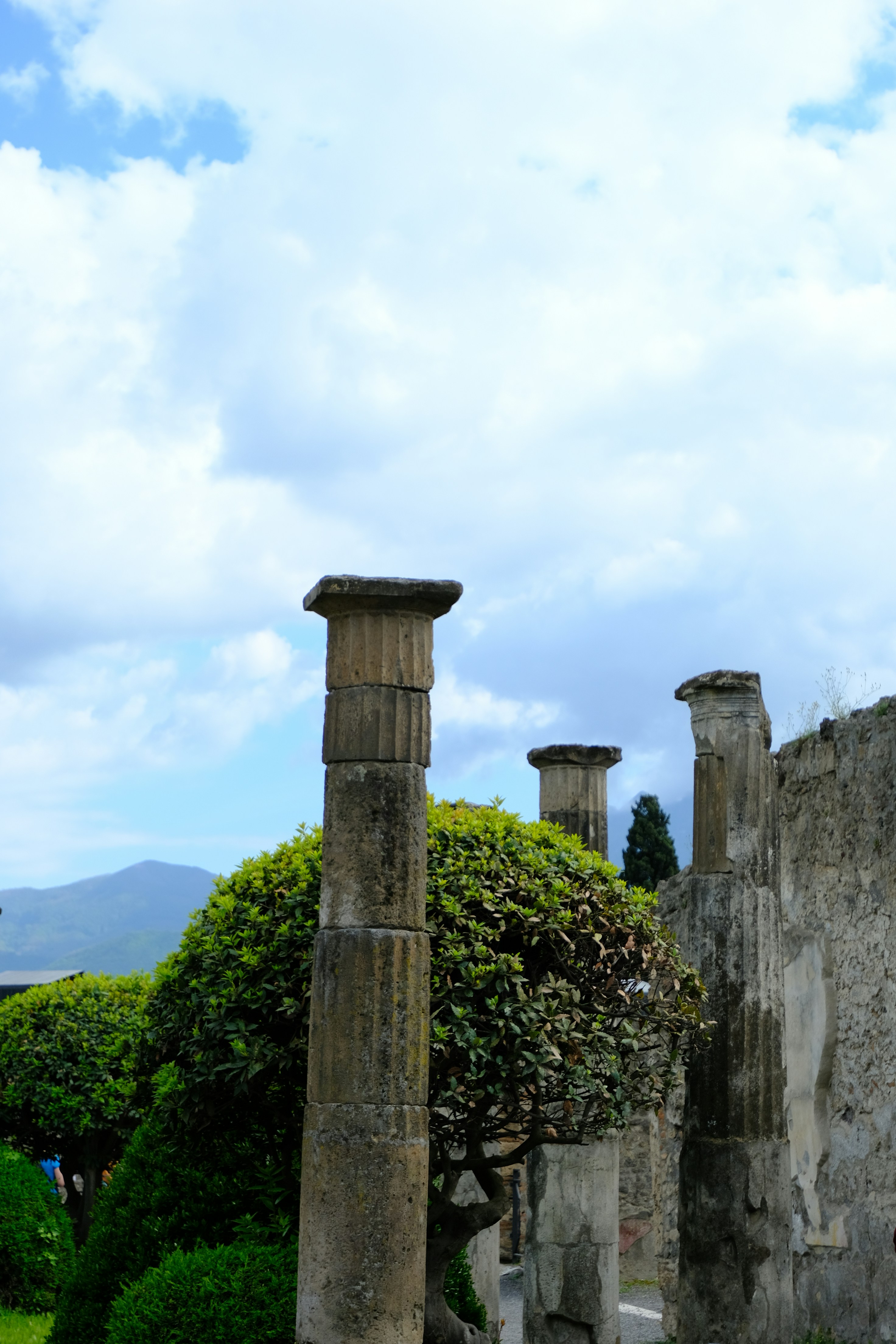 Ancient stone columns with lush green bushes and blue sky