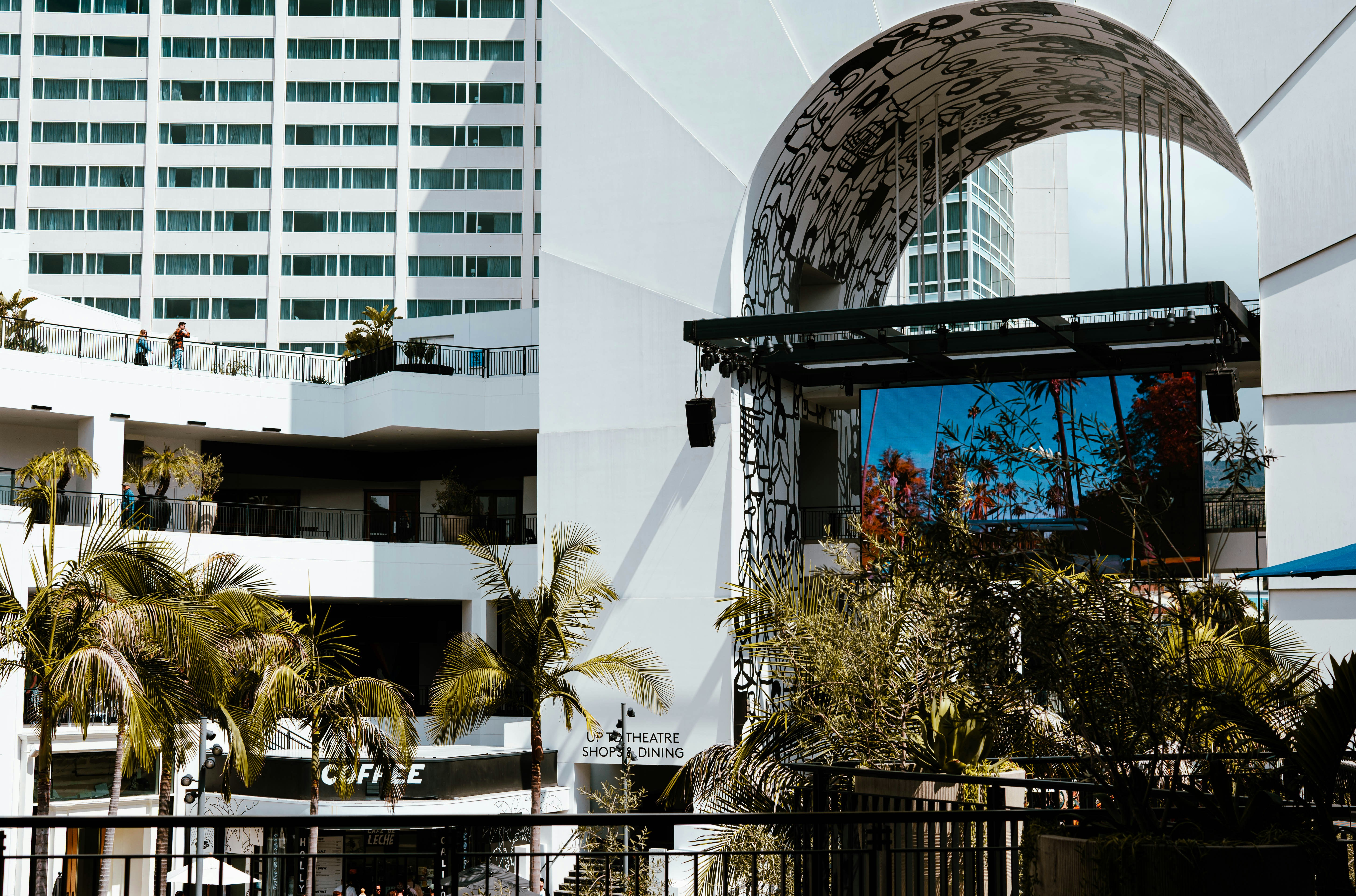Urban Theater Overhang: A Modern Facade Framed by Palm Shadows