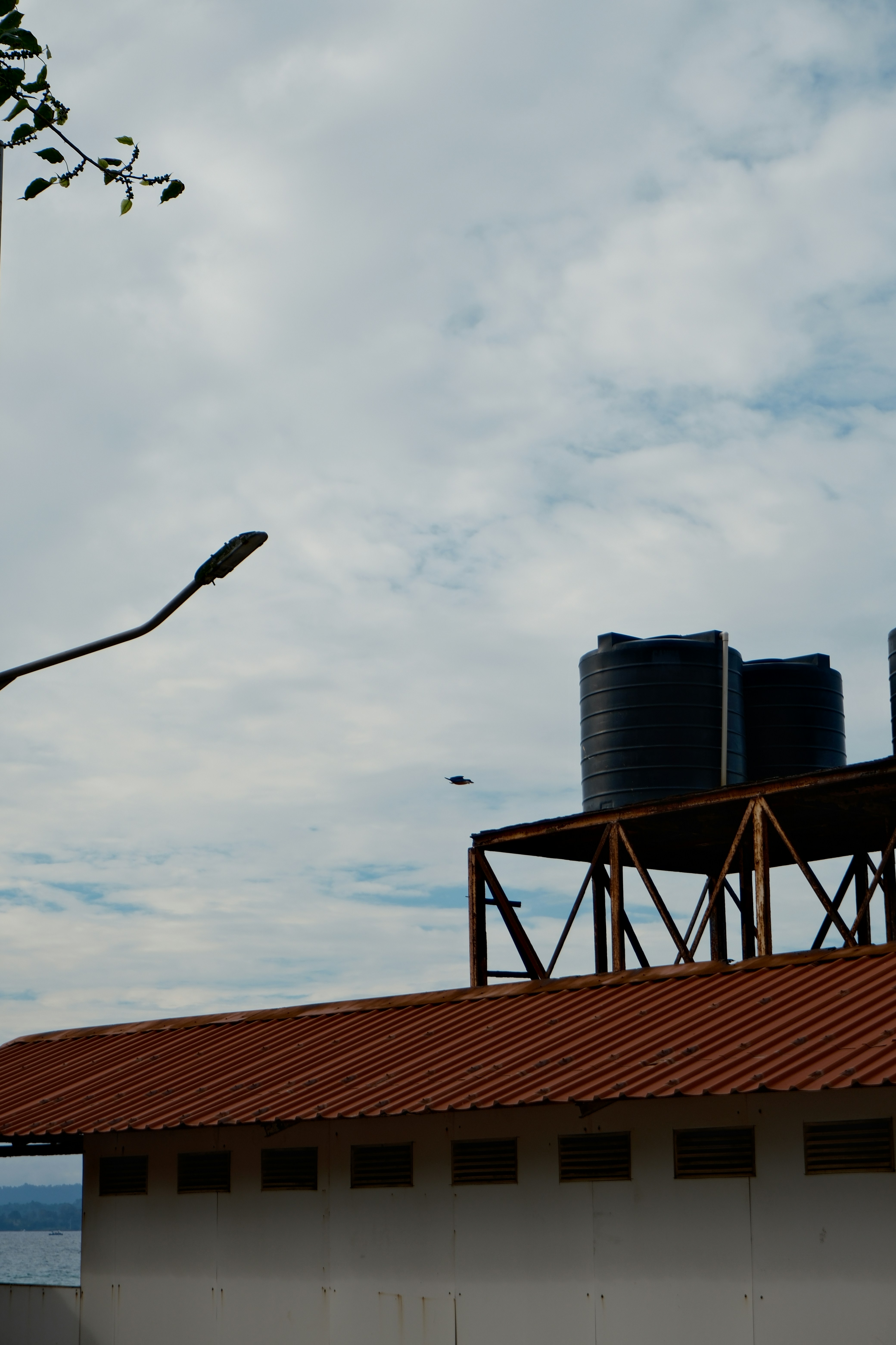 Water Tanks on a Warped Roof Under a Calm Sky