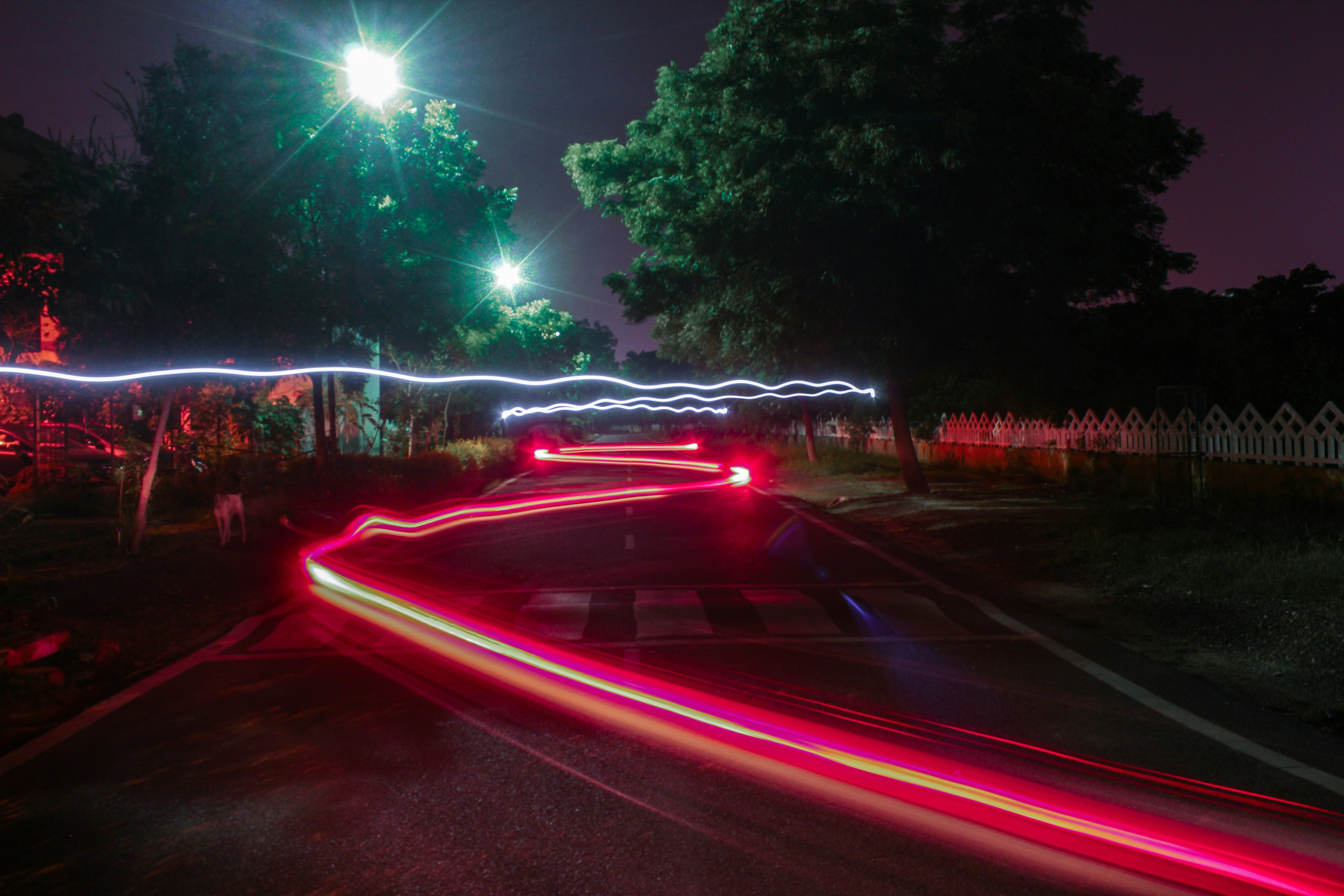 Night Street Serpent: Light Trails Carve Through a Quiet Suburban Road