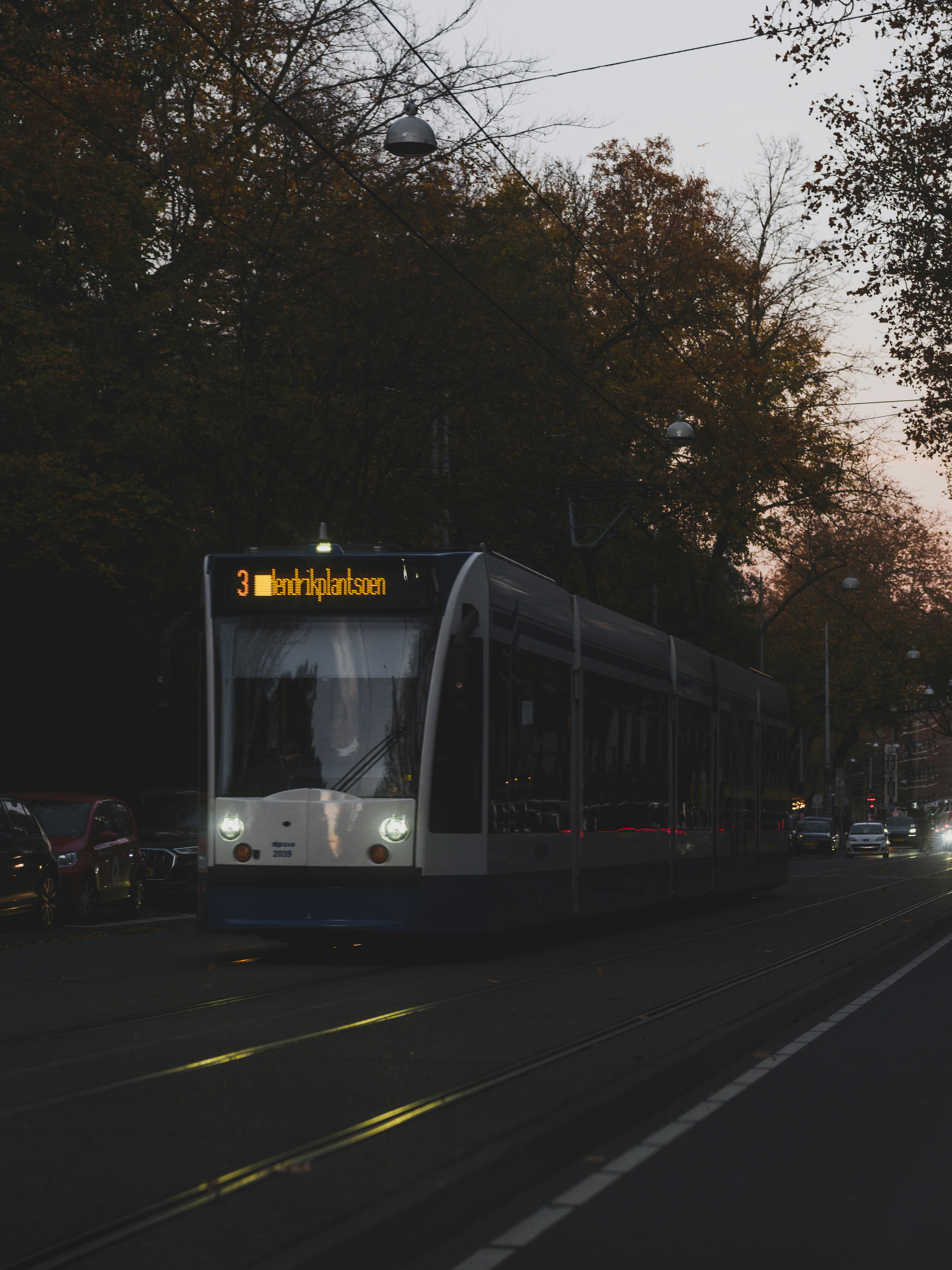 Evening Tram Gliding Through a Quiet Street