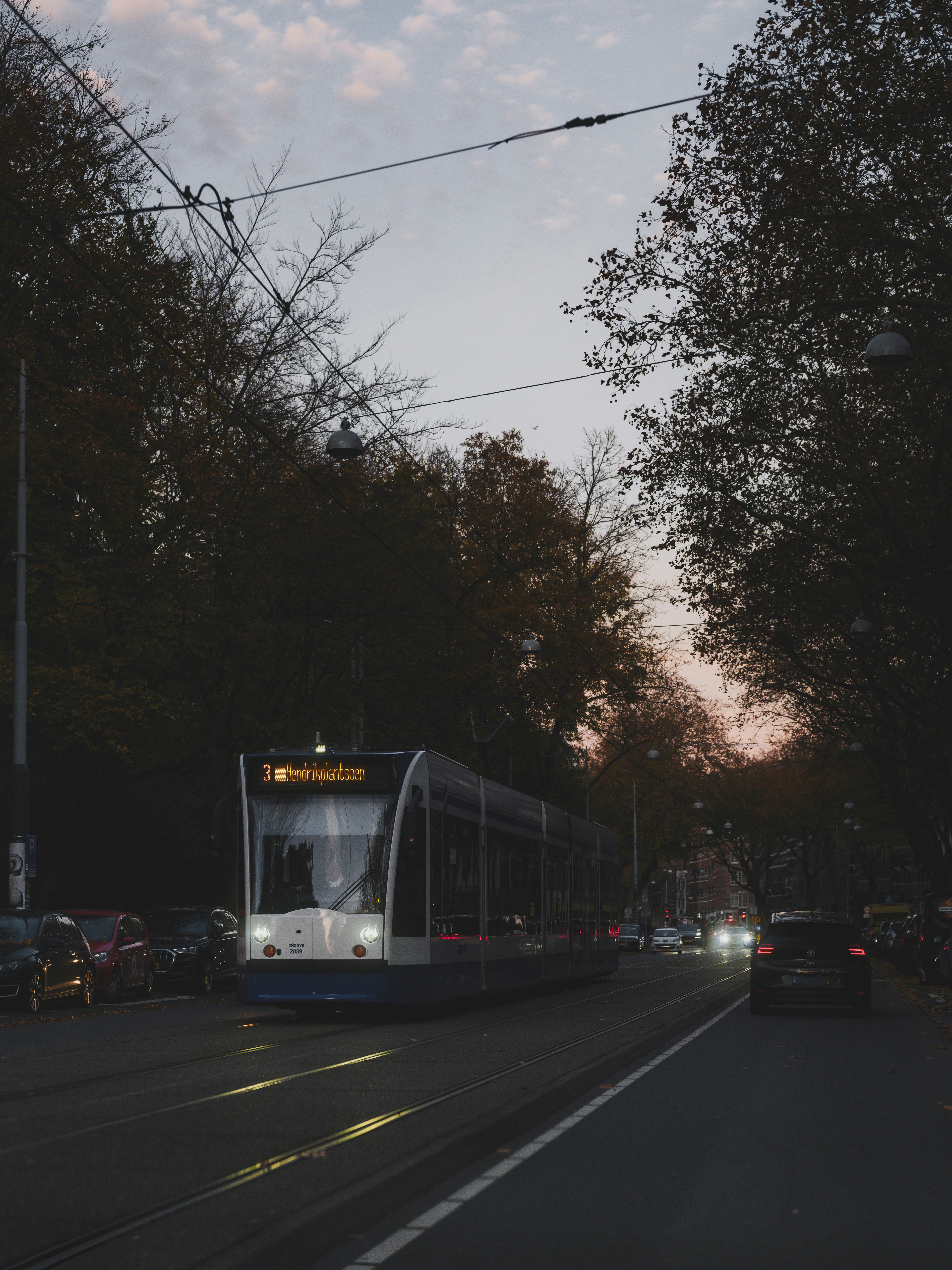 Evening Streetcar Glide Through Dusk