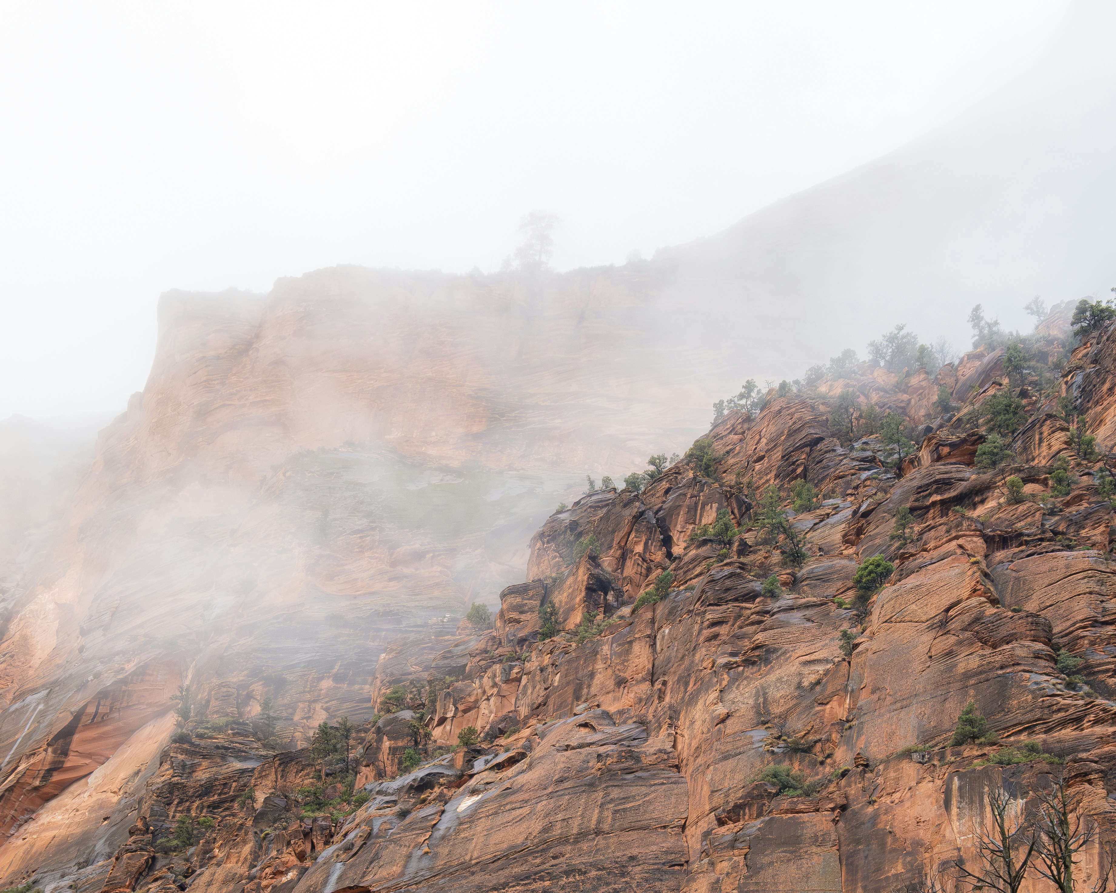 Mist over red rock cliff: a rugged summit veiled in fog