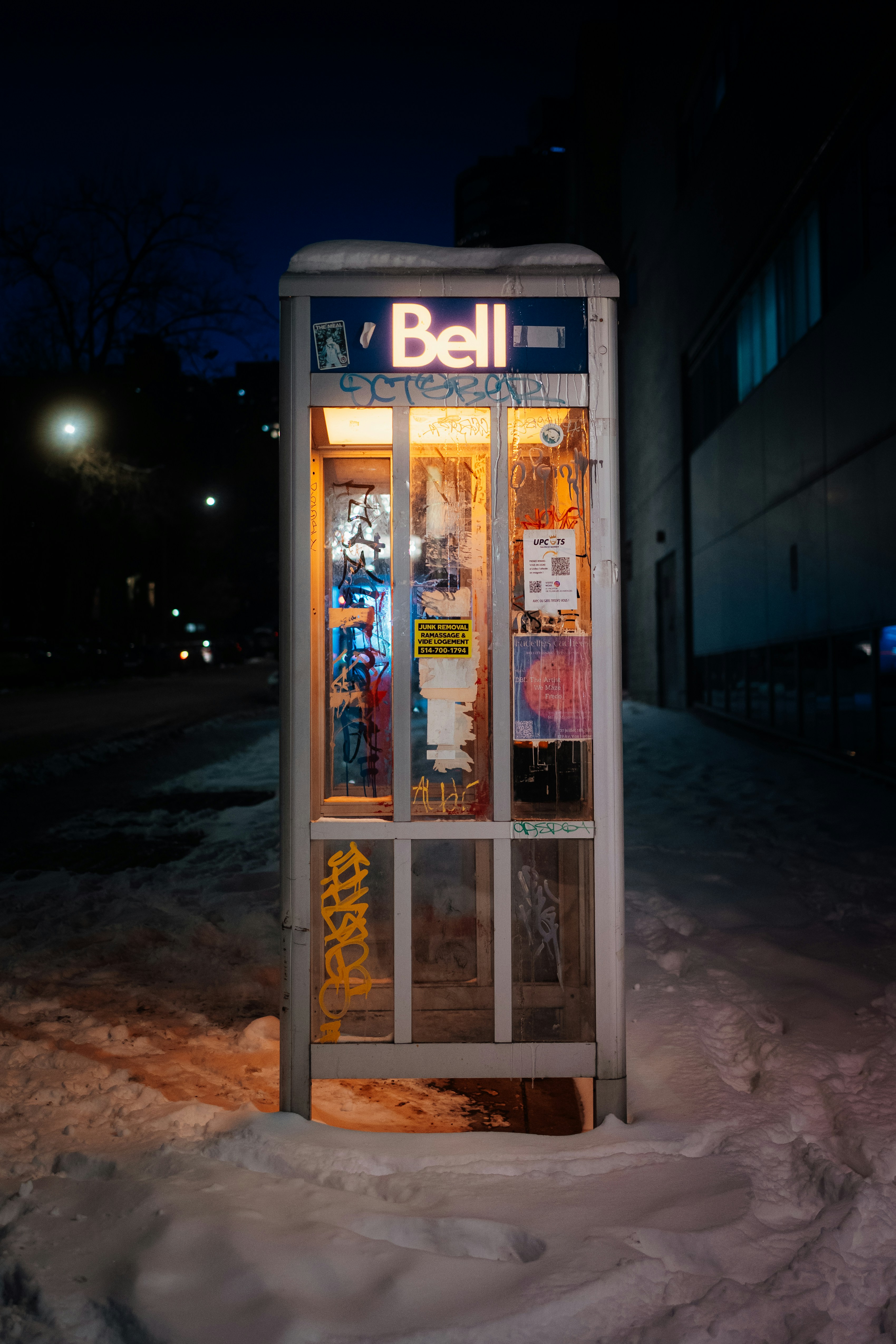 Neon Bell Booth in Winter Night