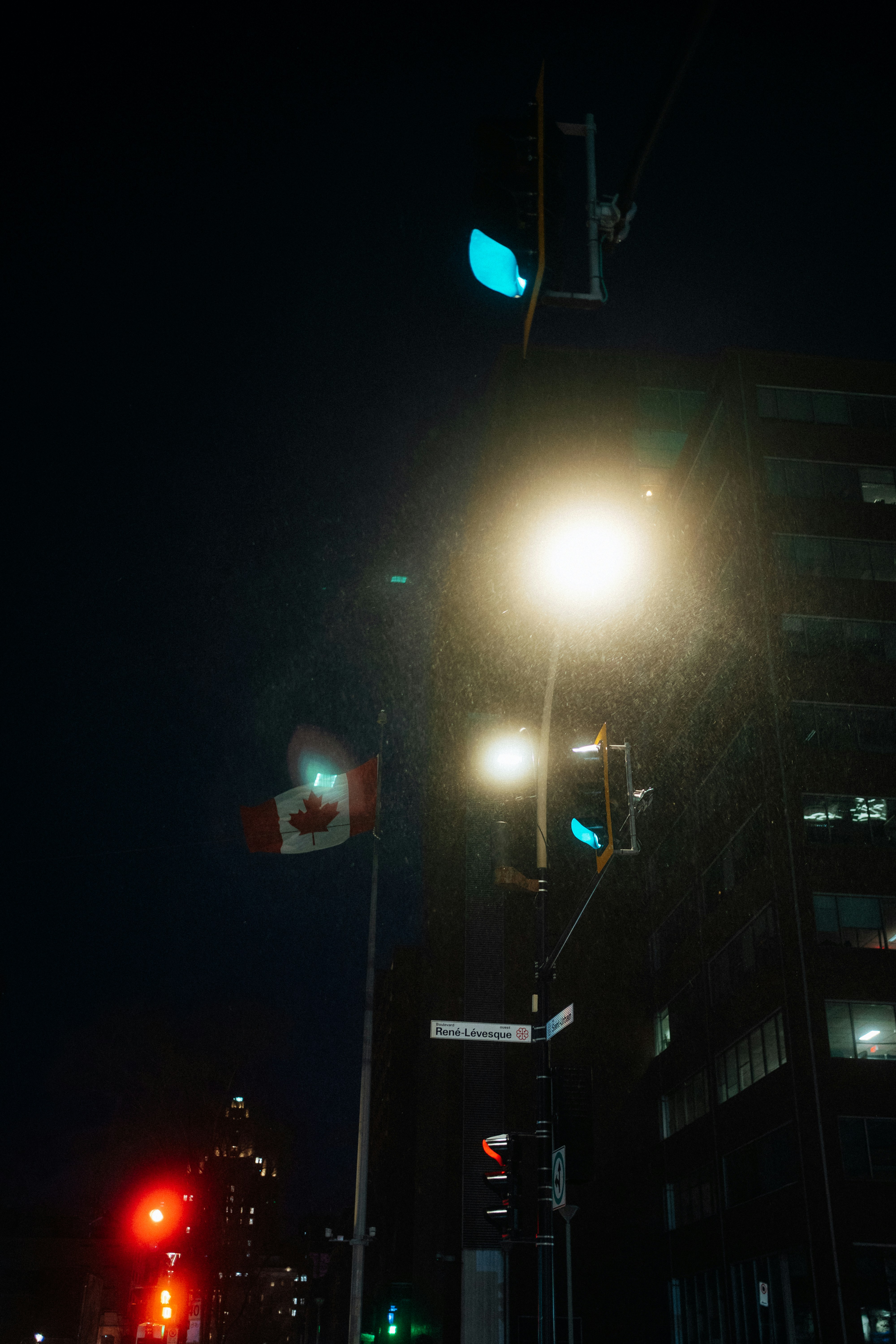 Night Streetlight Constellation over a Canadian Flag