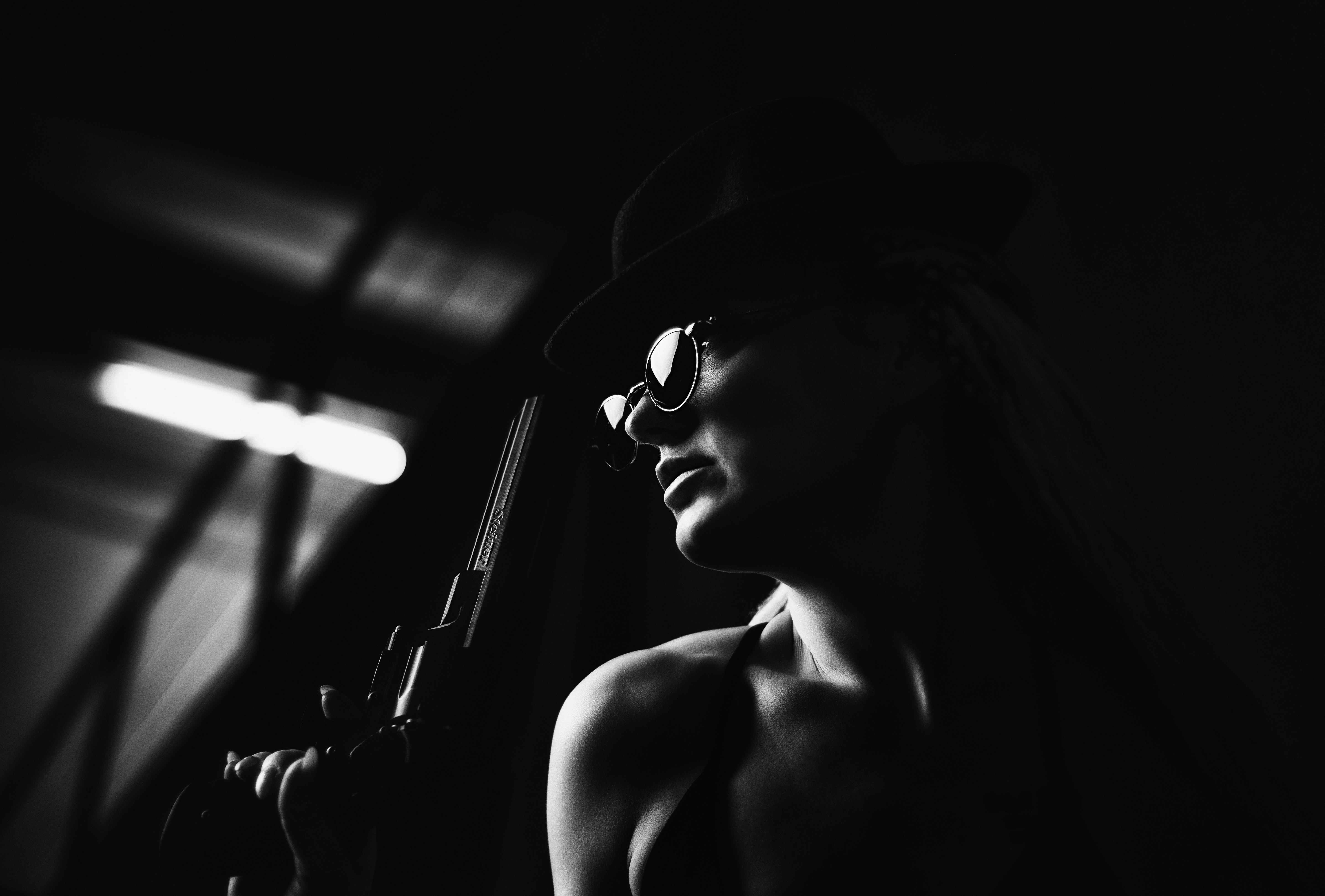 Shadowed Spotlight: A Noir Portrait of Mystery in Stereo