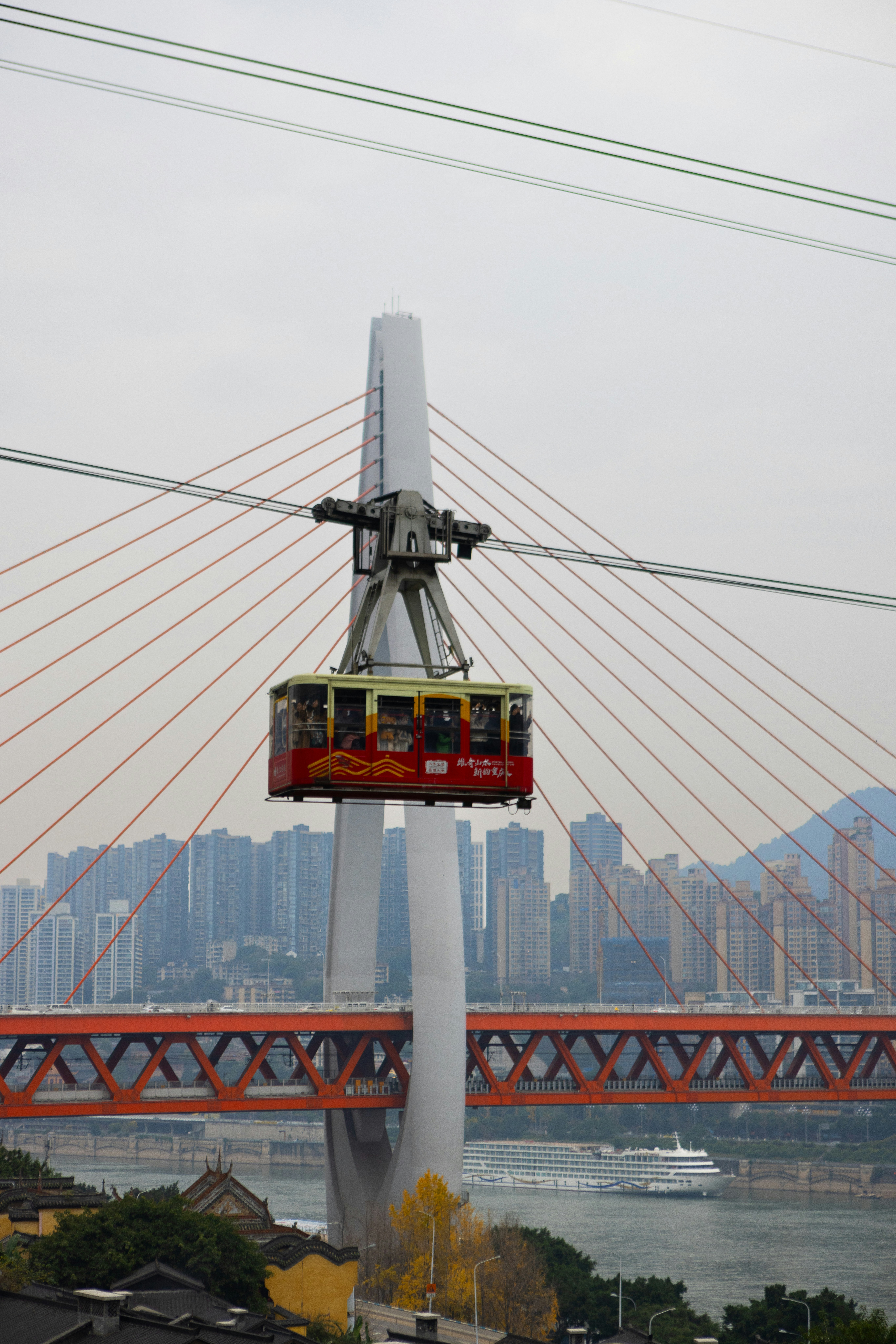 Cable Car in Flight: A Cityscape Threaded by Cables
