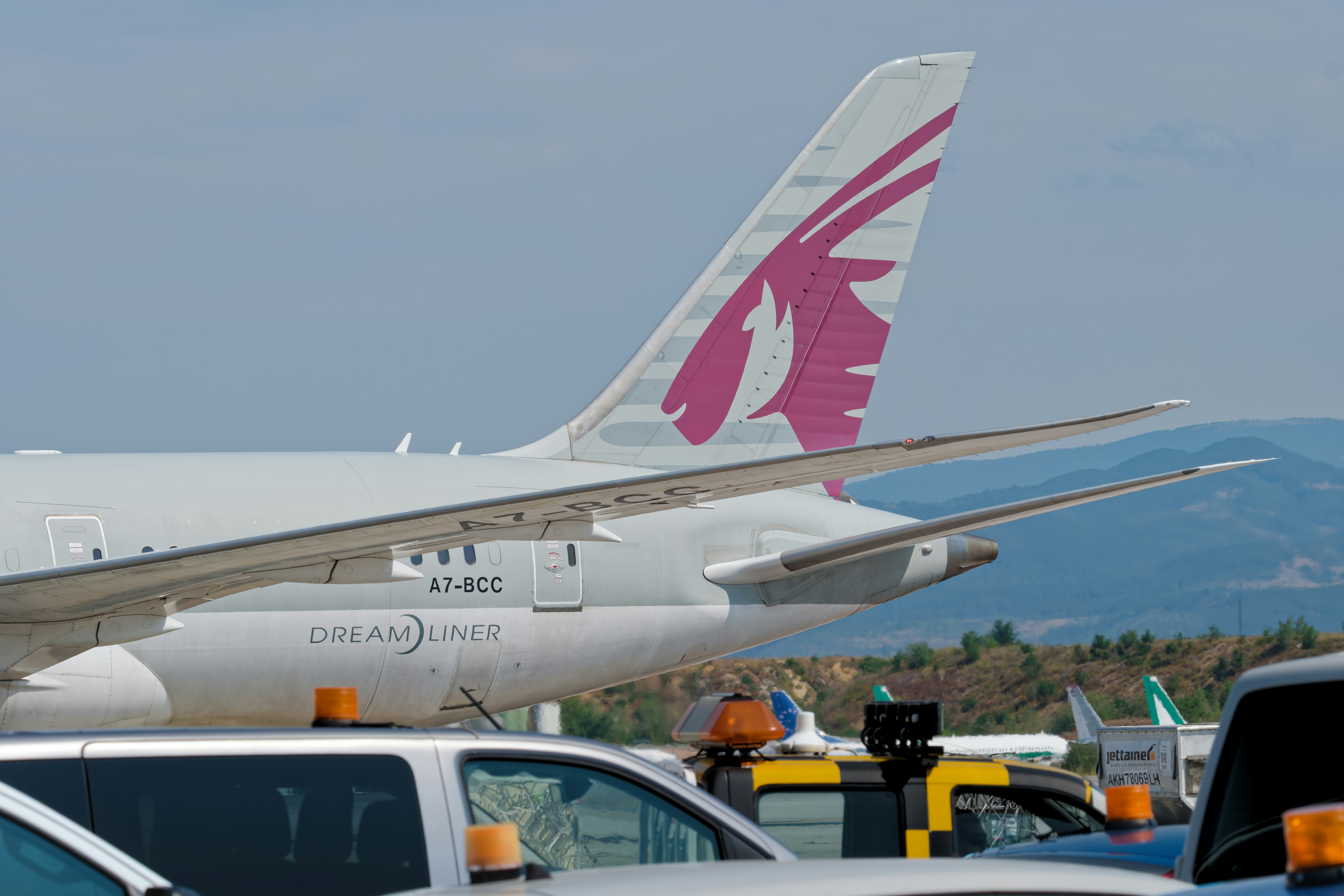Dreamliner at Gate: A taxiing scene featuring a Qatar Airways tail and ground support