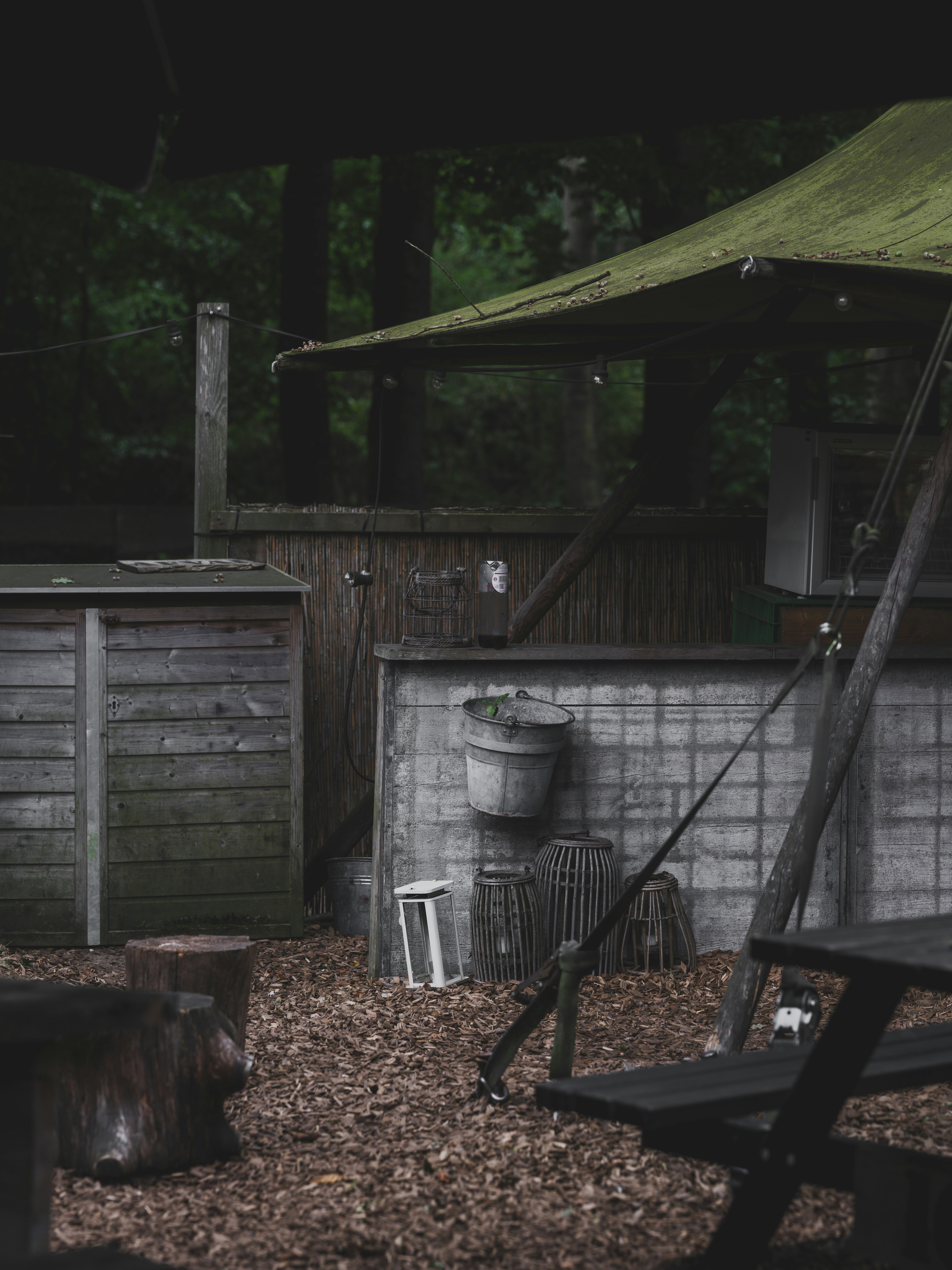 Rustic Shelter: Weathered Yard Tools Under a Mossy Canopy