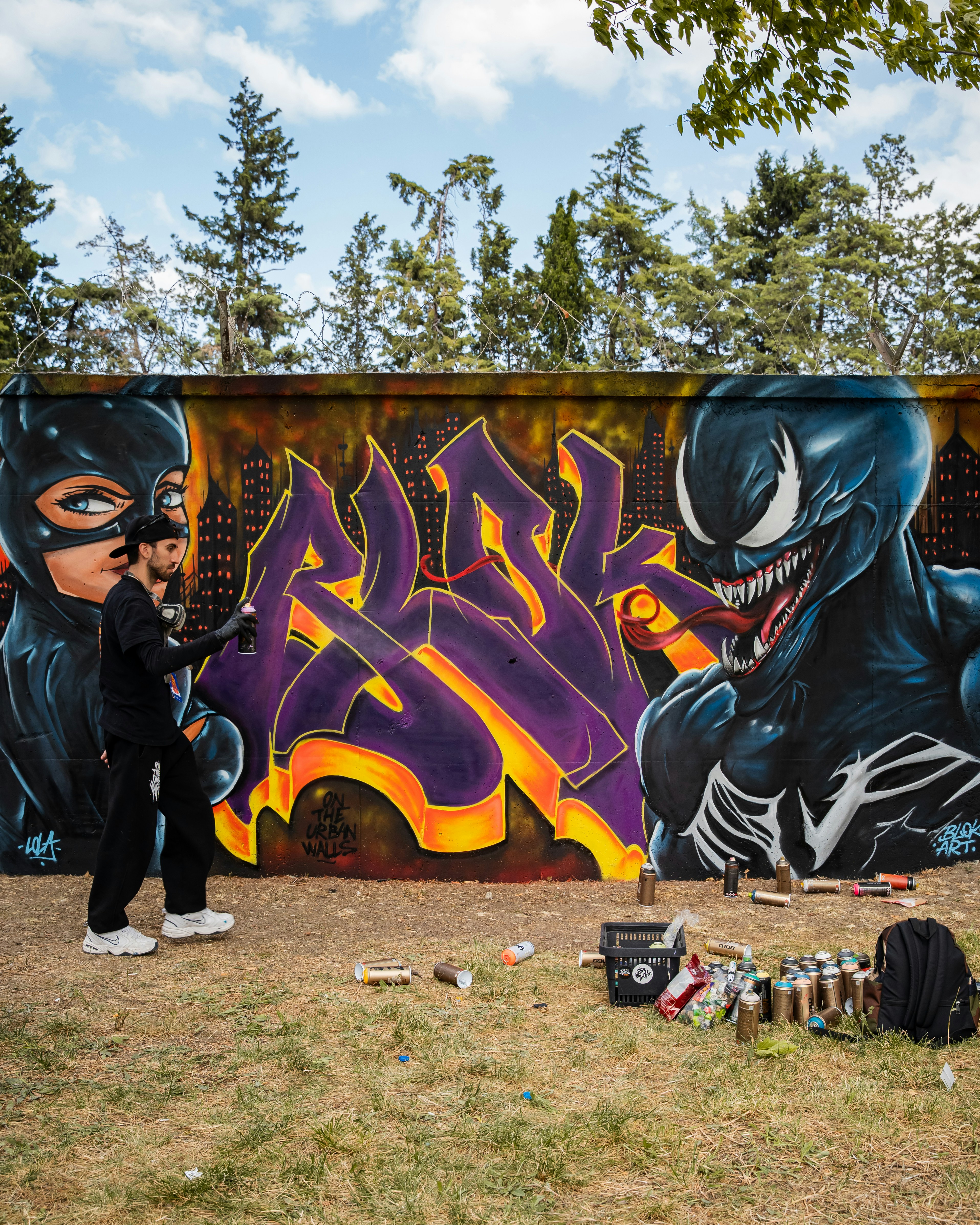 Graffiti Duel: Spray Cans, Shadowed Graffiti, and a Wild Beast